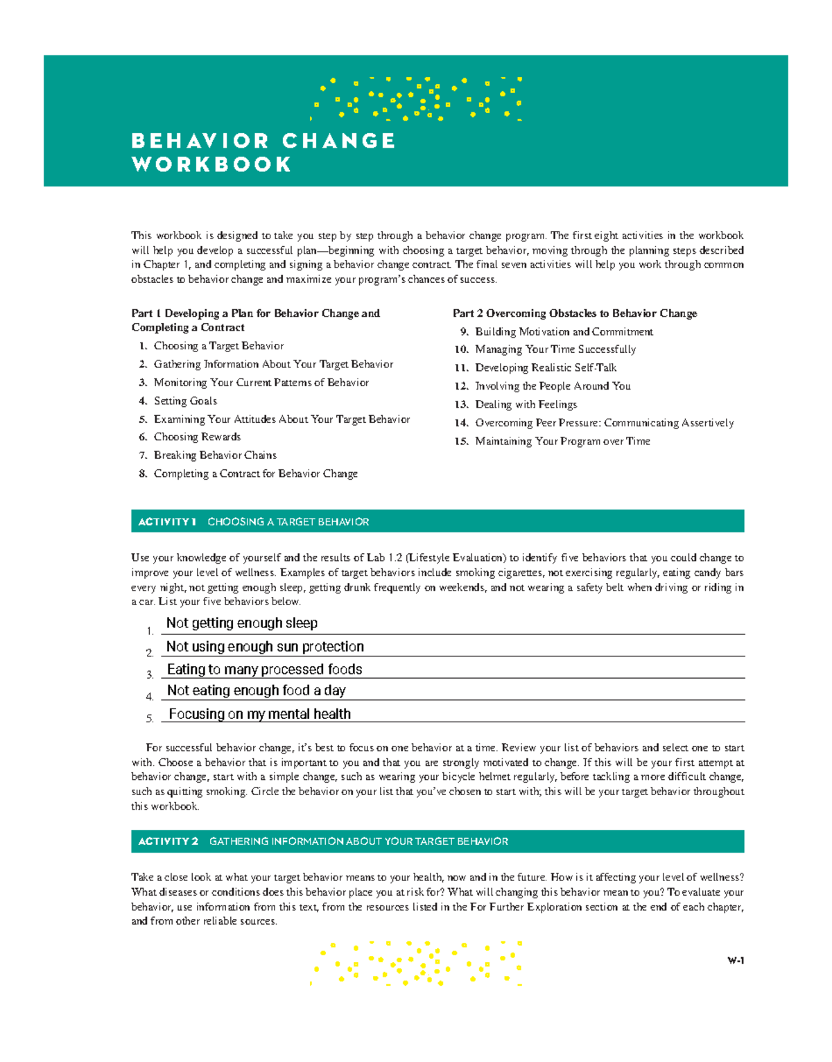 Behavior Change Workbook - W- B e h av i o r C h a n g e W o r k b o o ...