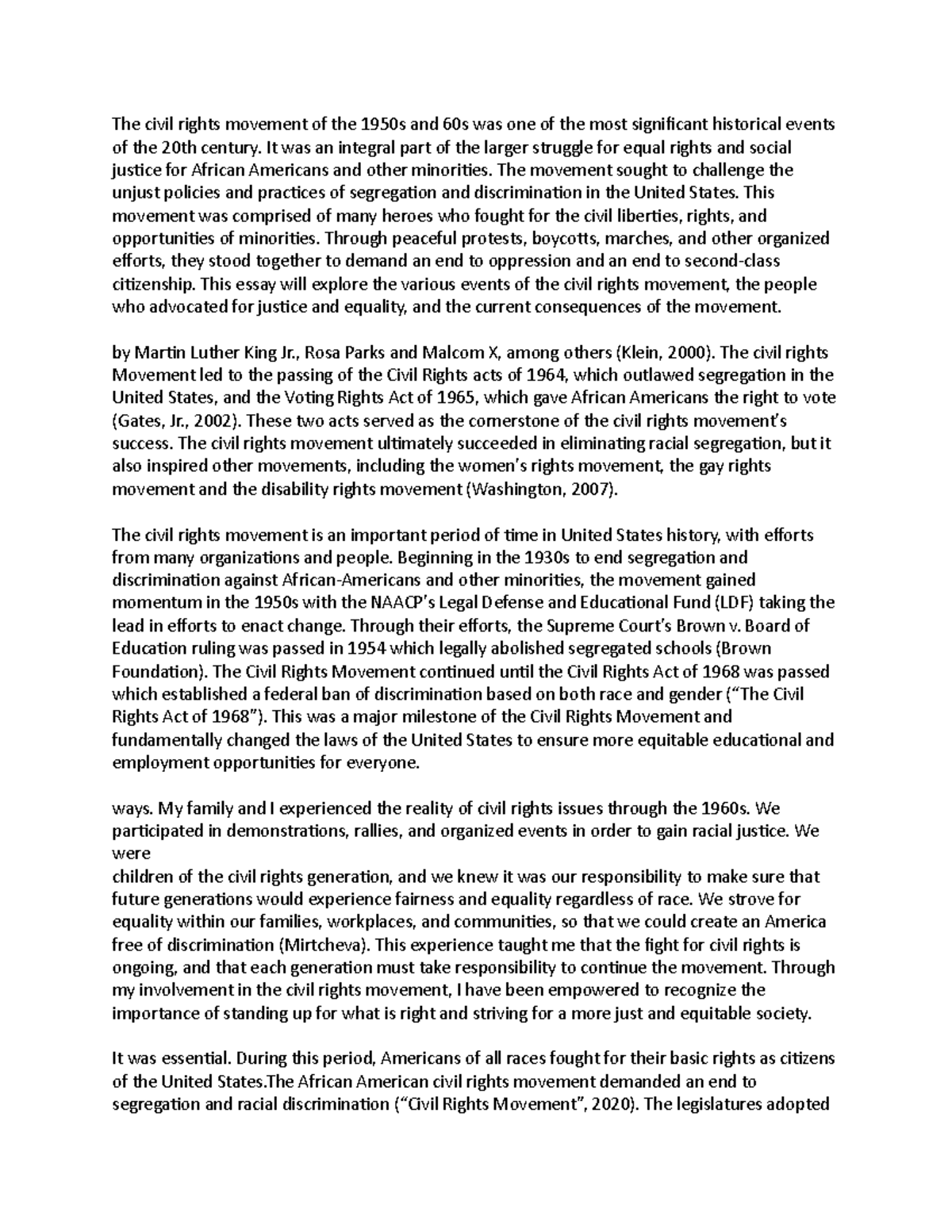 Civil Rights Essay - The civil rights movement of the 1950s and 60s was ...