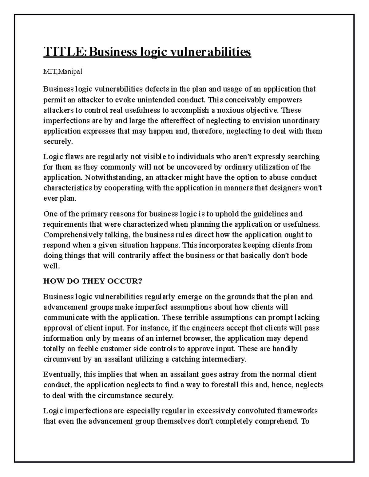 Business logic vulnerabilities - TITLE:Business logic vulnerabilities ...