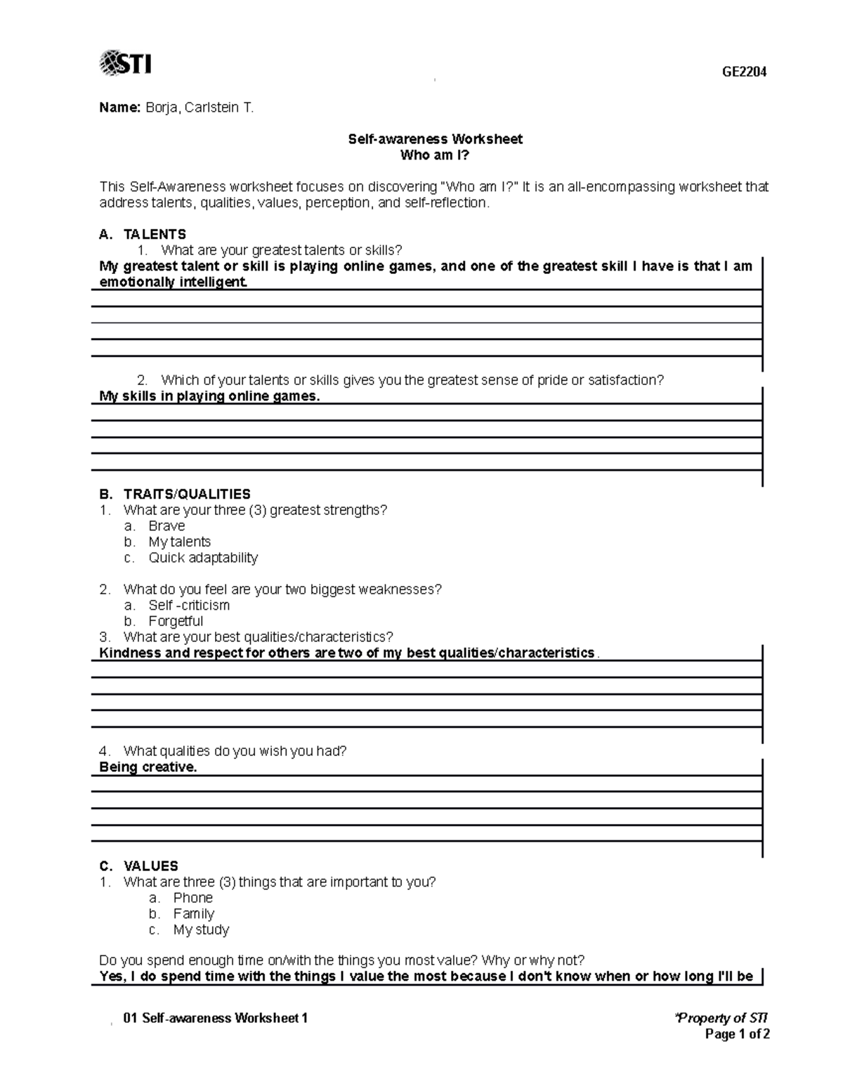 01 Self-awareness Worksheet Borja - GE Name: Borja, Carlstein T. Self ...