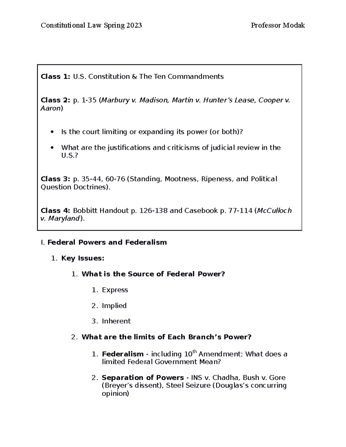 Constitutional Law Outline Spring 2023 Modak - Class 1: U. Constitution ...