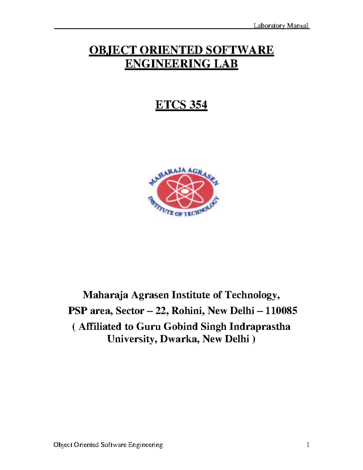 ETCS 354 Object Oriented Software Engineering - OBJECT ORIENTED SOFTWARE ENGINEERING LAB ETCS ...