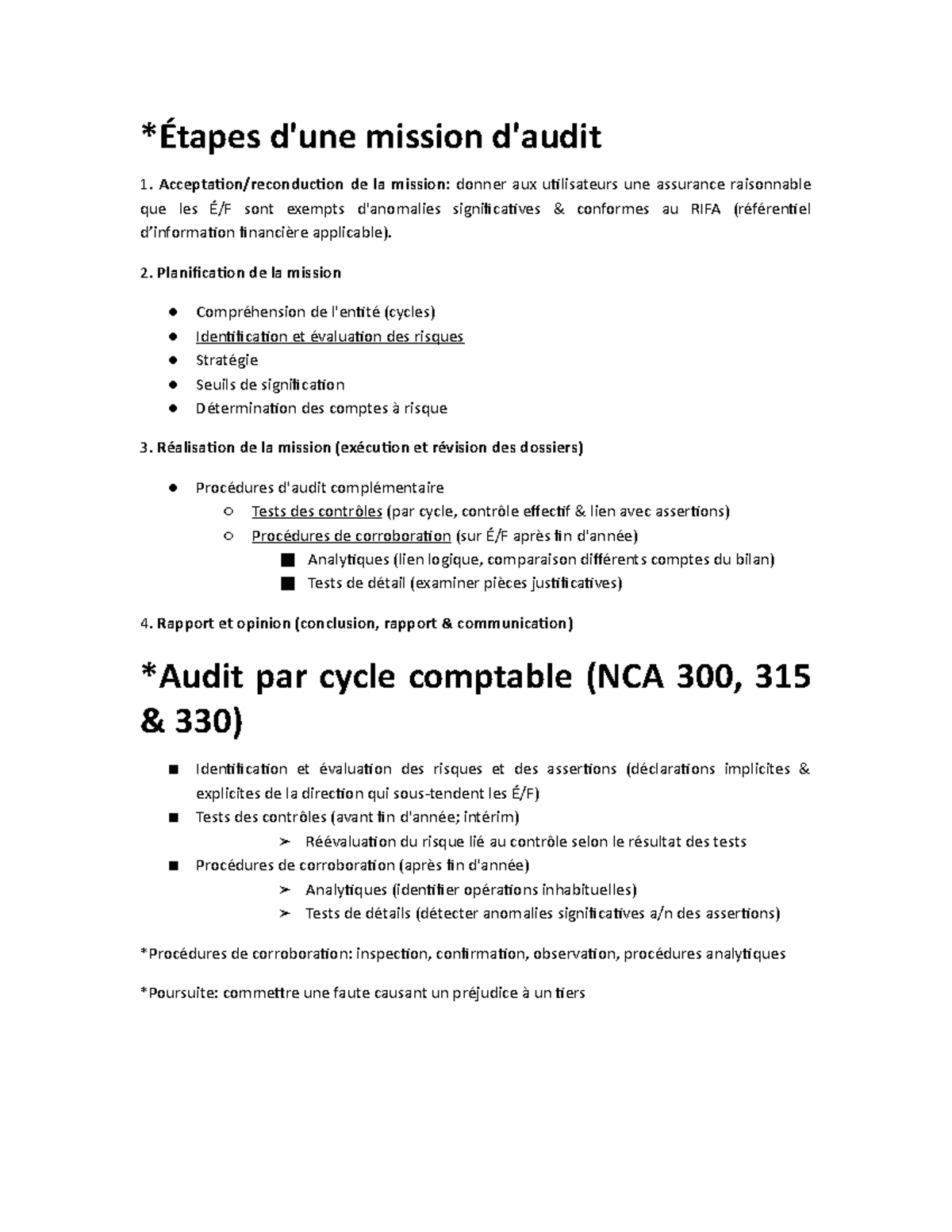 Résumé-examen-final - *Étapes d'une mission d'audit Acceptation/reconduction de la mission ...