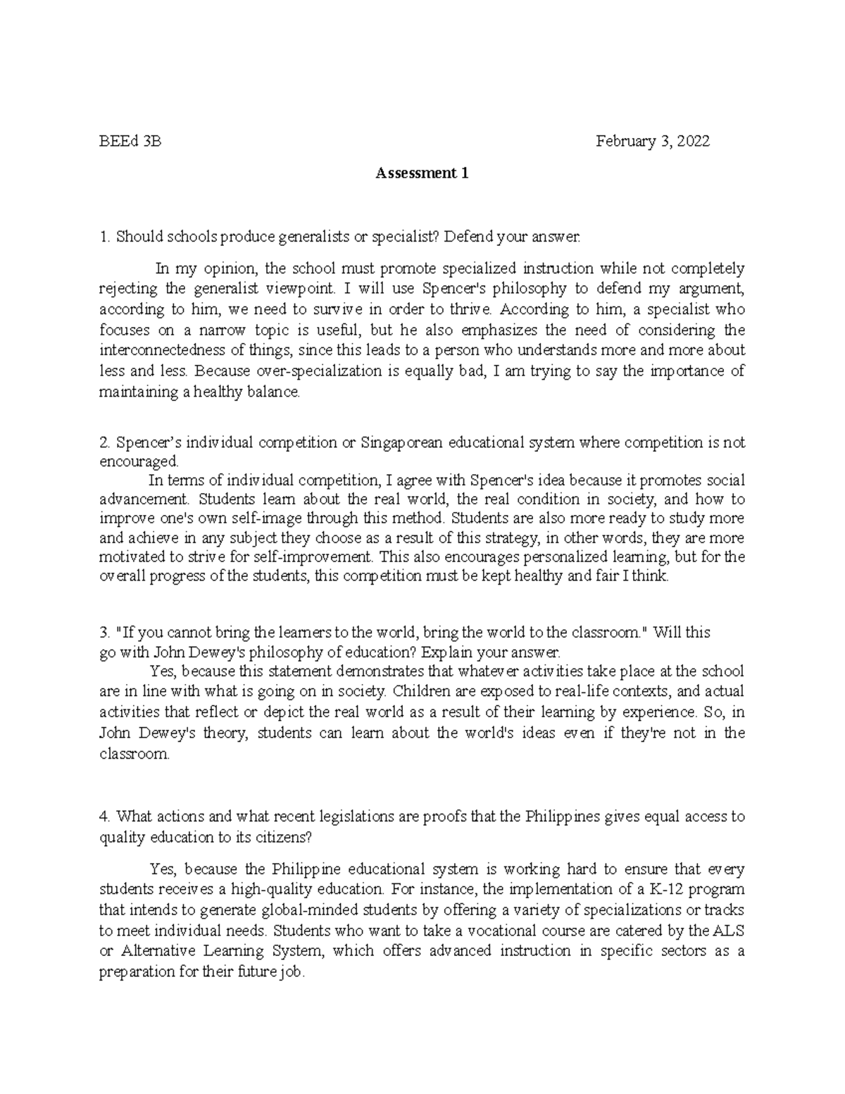 Assessment 1 - To help students - BEEd 3B February 3, 2022 Assessment 1 ...