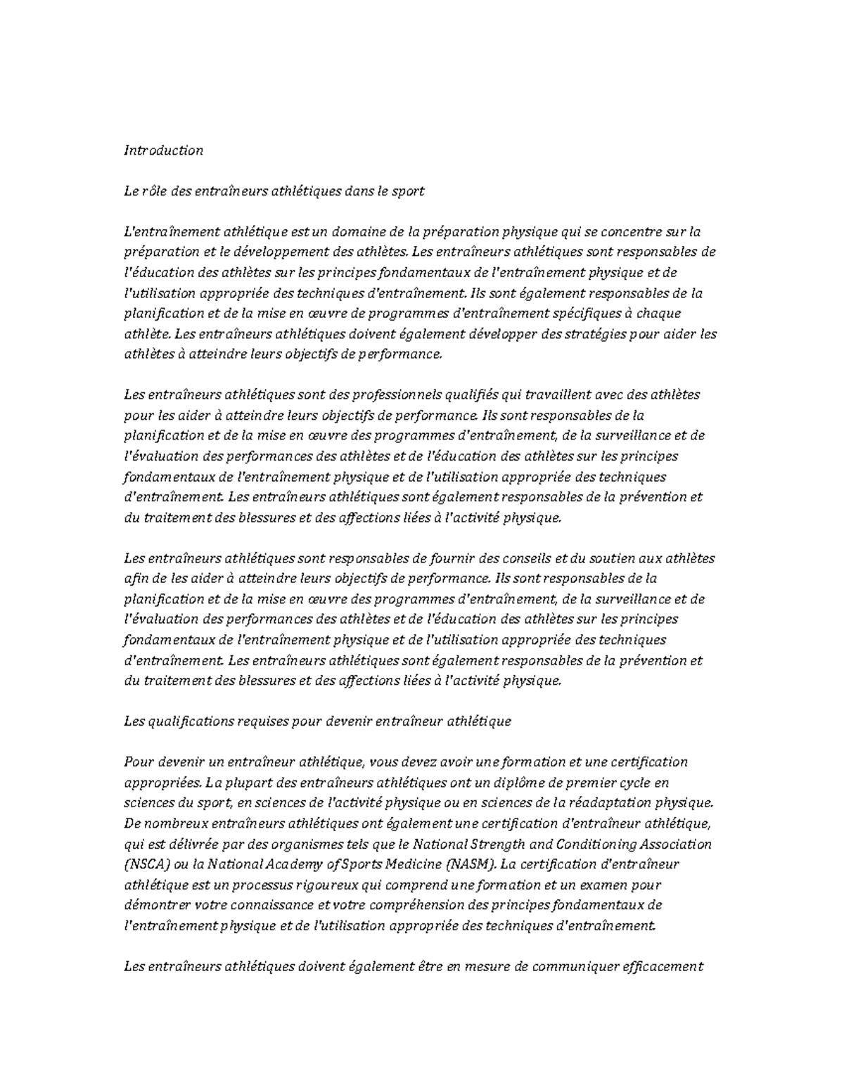 Athletic Training Study Notes - Introduction Le rôle des entraîneurs ...