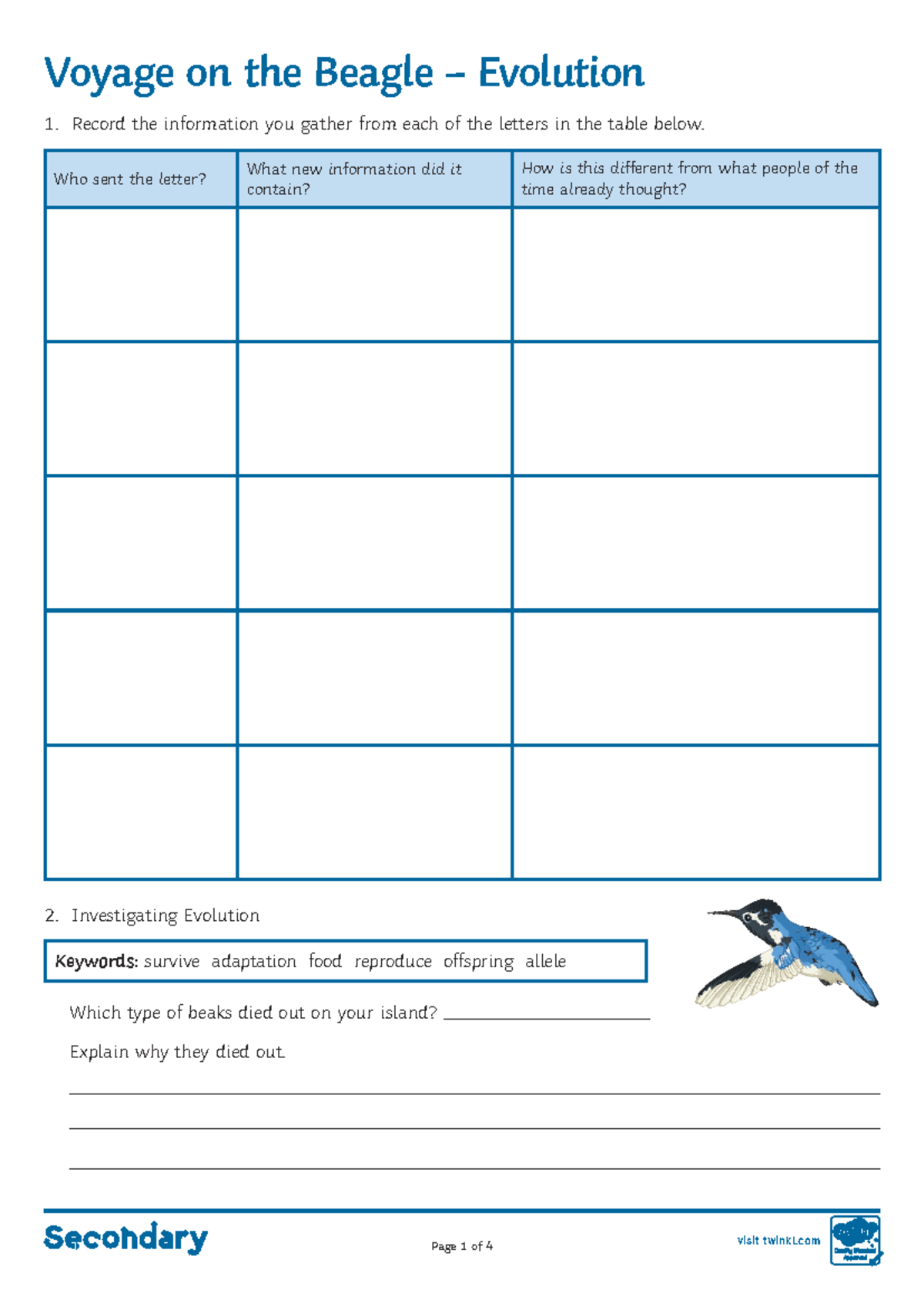 Evolution Activity Sheet Lower Ability - Voyage on the Beagle ...