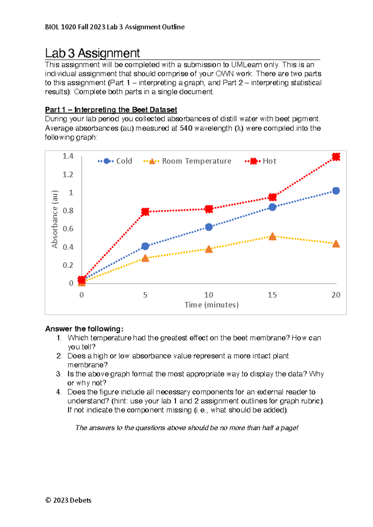 BIOL 1020 Lab 3 Assignment - BIOL 1020 Fall 2023 Lab 3 Assignment Outline © 2023 Debets Lab 3 ...