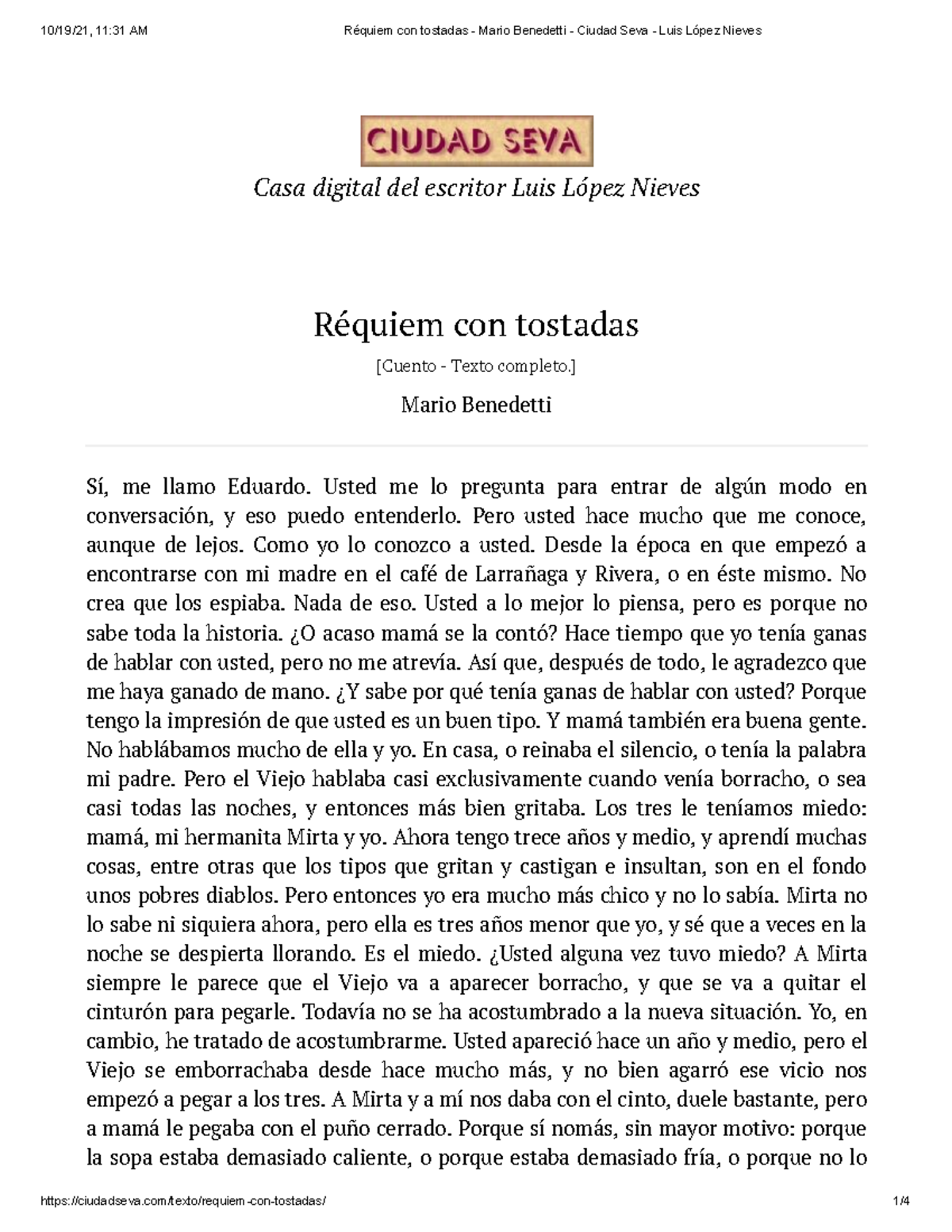 Réquiem con tostadas - Mario Benedetti - Ciudad Seva - Luis López ...