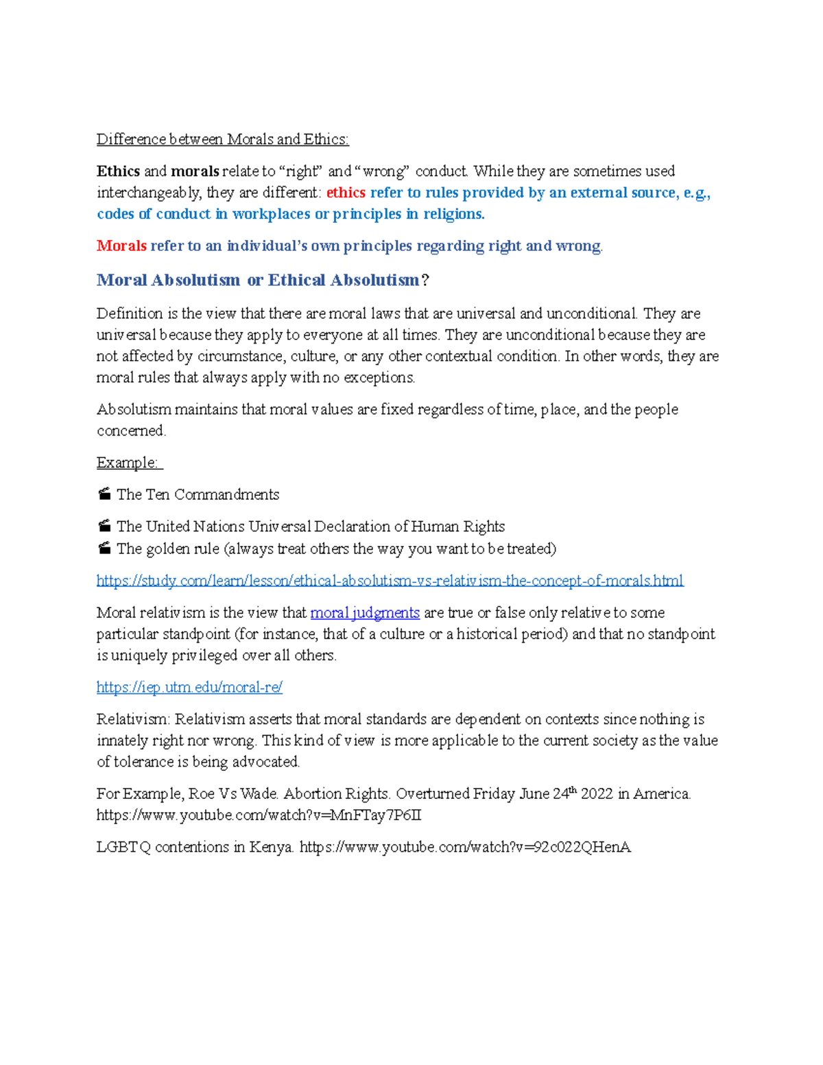 Ethics- Ethics Absolutism - Difference between Morals and Ethics ...