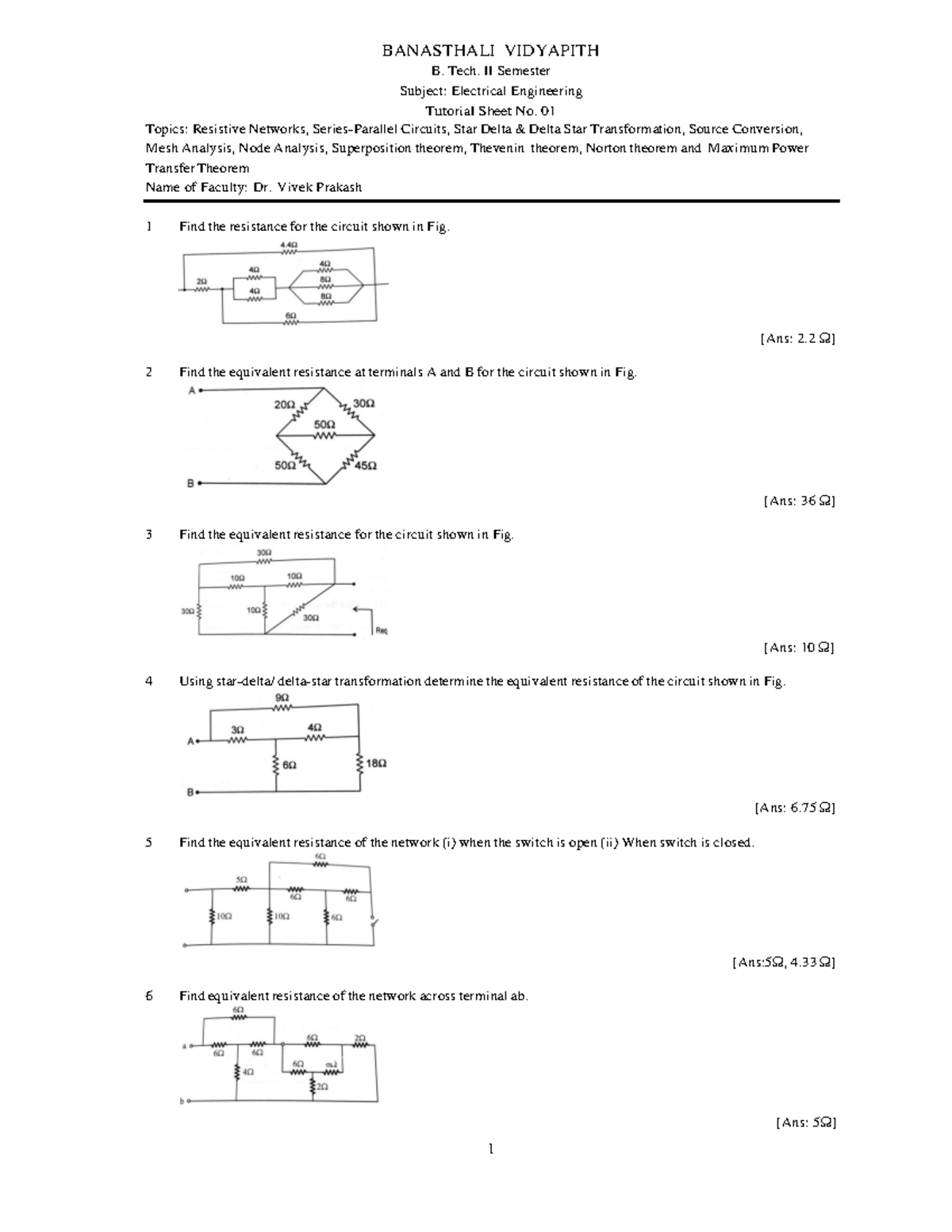 Ee Tutorial Sheet 1 Electrical Engineering Banasthali Vidyapith B