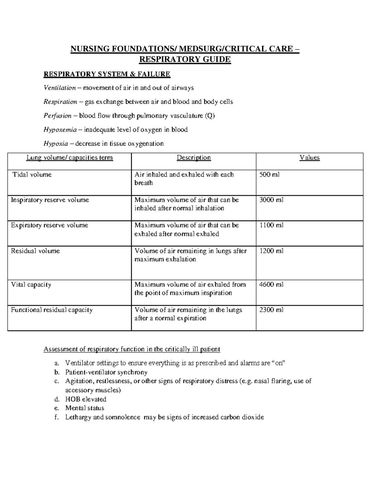 respiratory system notes - NURSING FOUNDATIONS/ MEDSURG/CRITICAL CARE ...