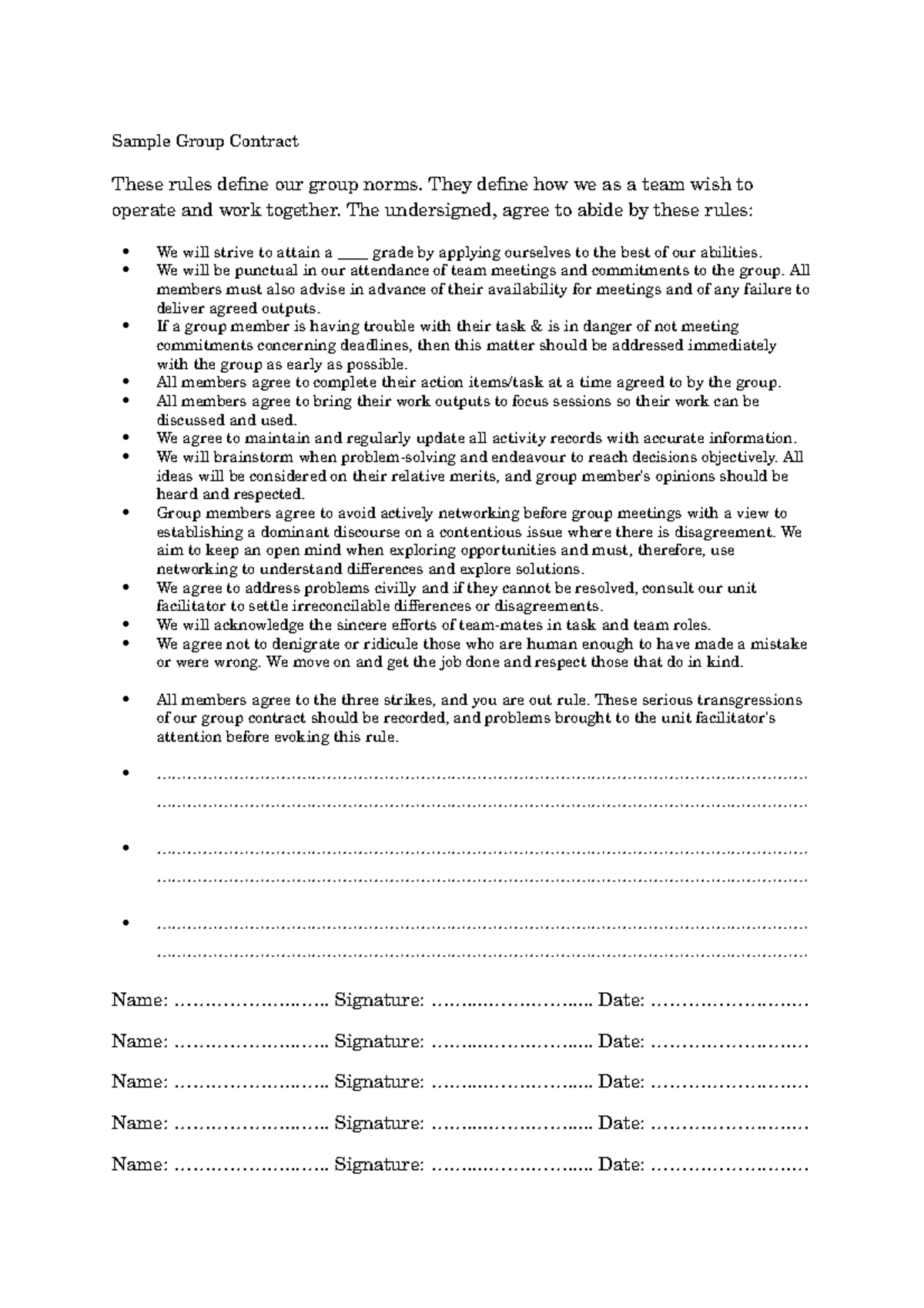 Sample Group Contract - They define how we as a team wish to operate ...