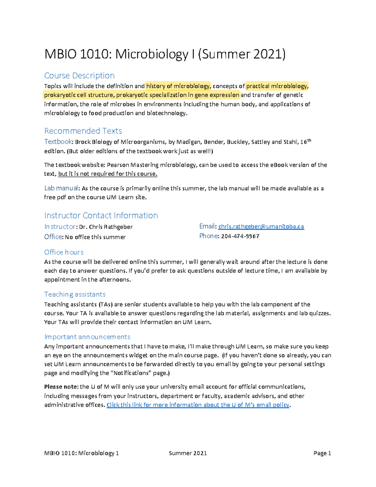 MBIO 1010 (Microbiology 1) Syllabus Summer 2021 - MBIO 1010: Microbiology I (Summer 2021) Course ...
