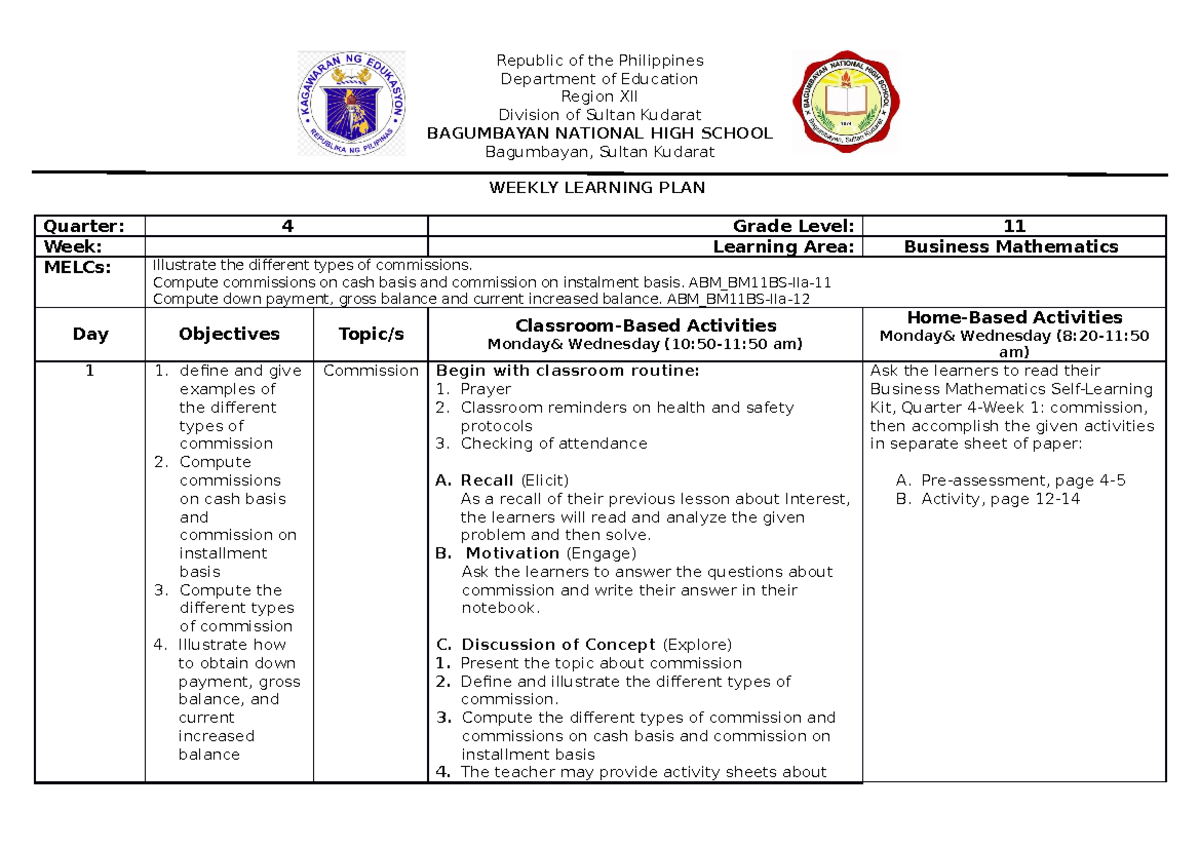 WHLP week 1 - Weekly learning plan - Republic of the Philippines ...