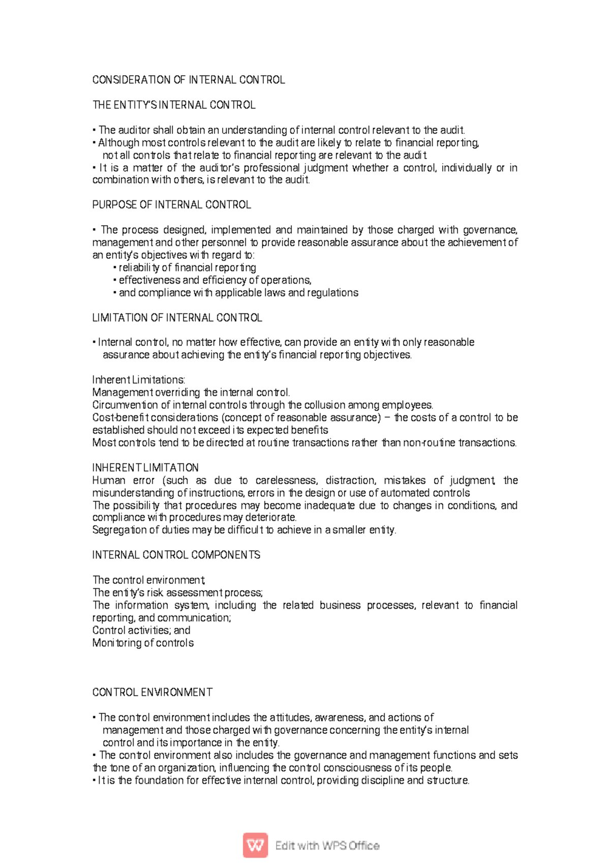 At Internal Control Lecture Notes Consideration Of Internal Control The Entitys Internal