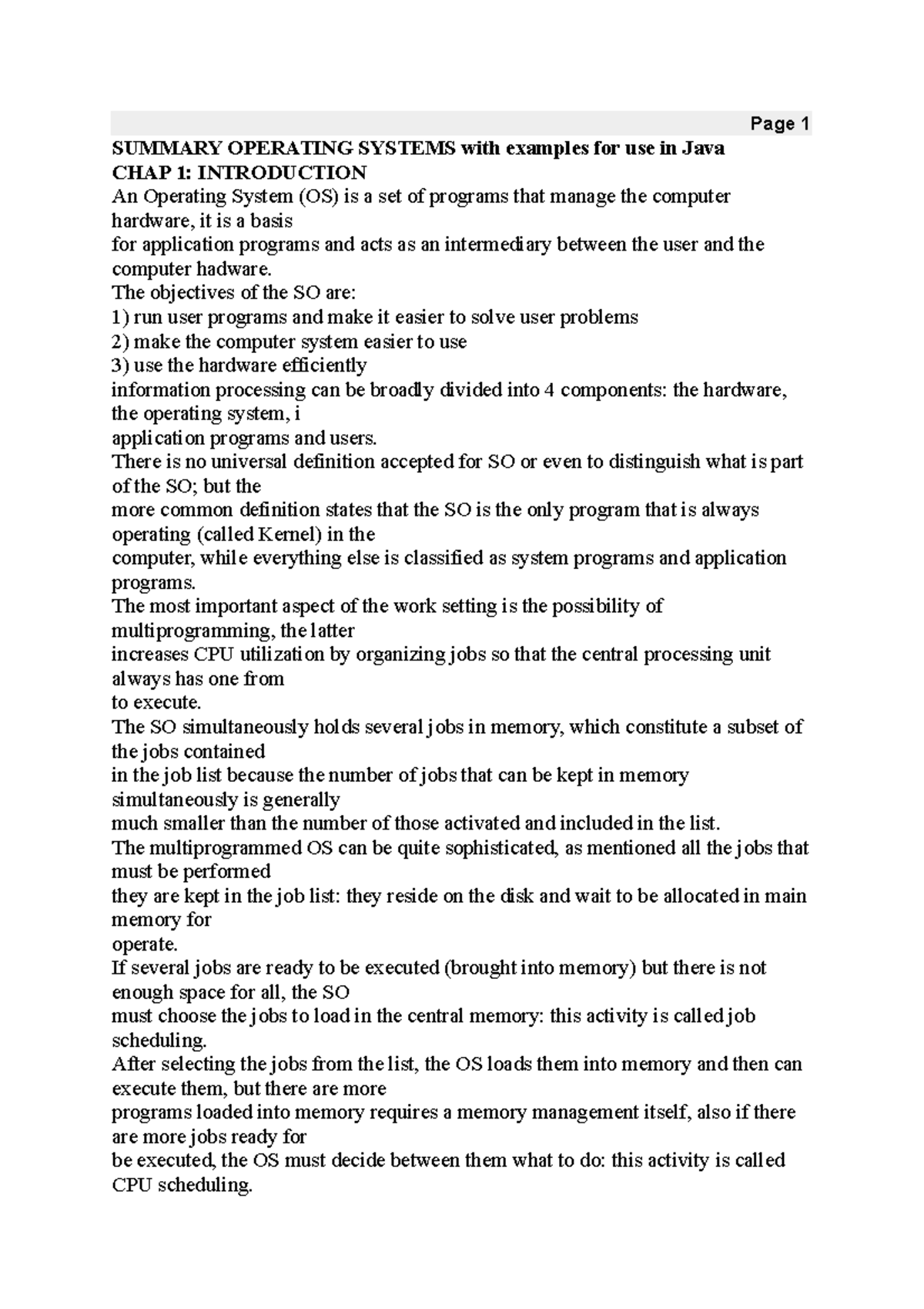 Translated Summary 1 - Page 1 SUMMARY OPERATING SYSTEMS with examples ...