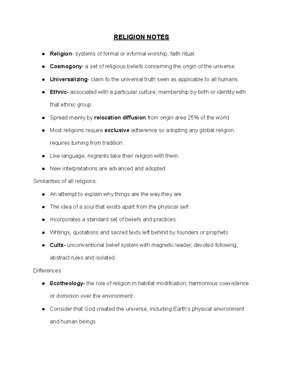 Religion notes - RELIGION NOTES Religion- systems of formal or informal ...