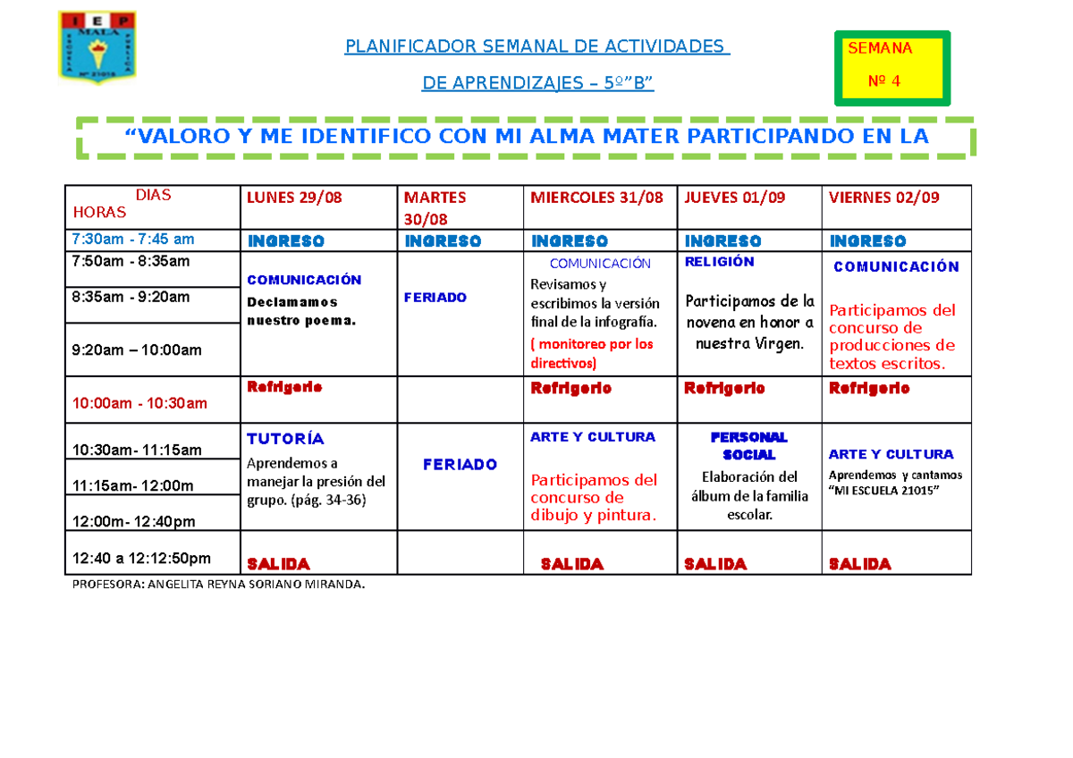 Planificador Semana 4 - trabajo - PLANIFICADOR SEMANAL DE ACTIVIDADES ...