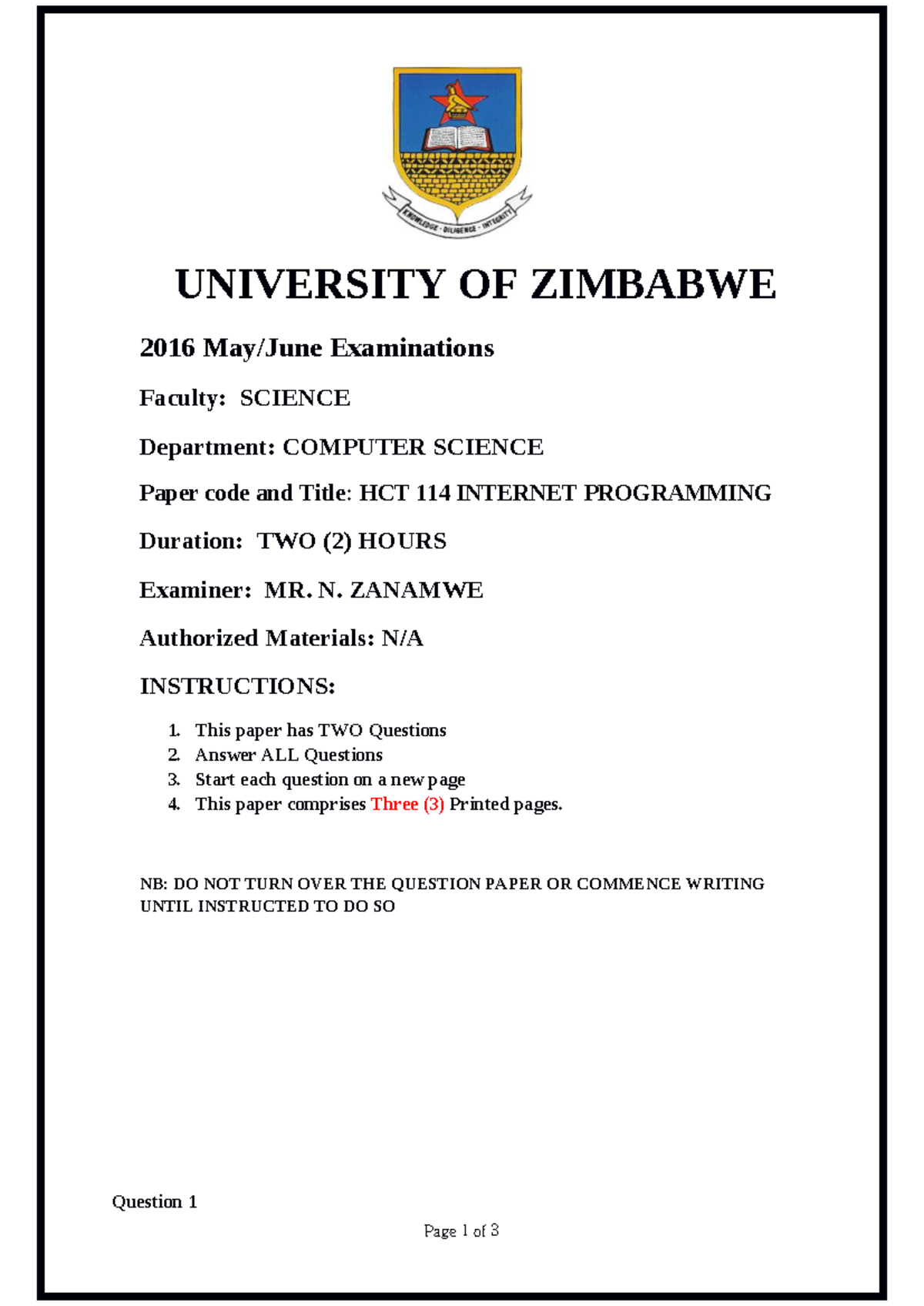 HCT114 2016 Final Exam - practice - ` Page 1 of 3 UNIVERSITY OF ...