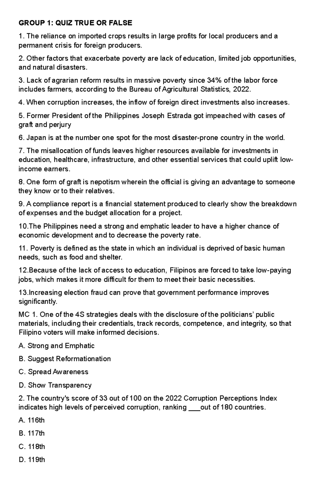 Questions - n/a - GROUP 1: QUIZ TRUE OR FALSE The reliance on imported ...