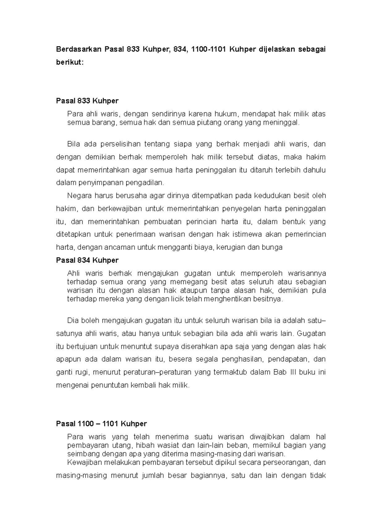 Penjelasan Pasal 833, 834, 1100,1101 Kuhper - Berdasarkan Pasal 833 ...