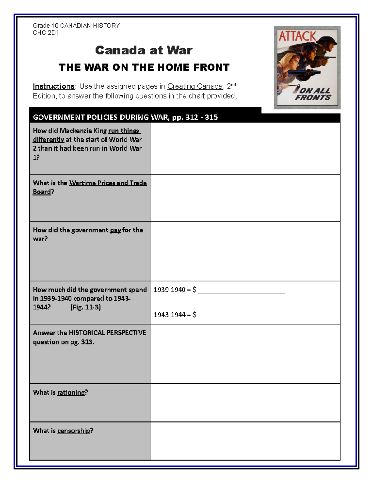 HO - Homefront Textbook Chart [Fall 2018 ] - Copy - CHC 2D THE WAR ON ...