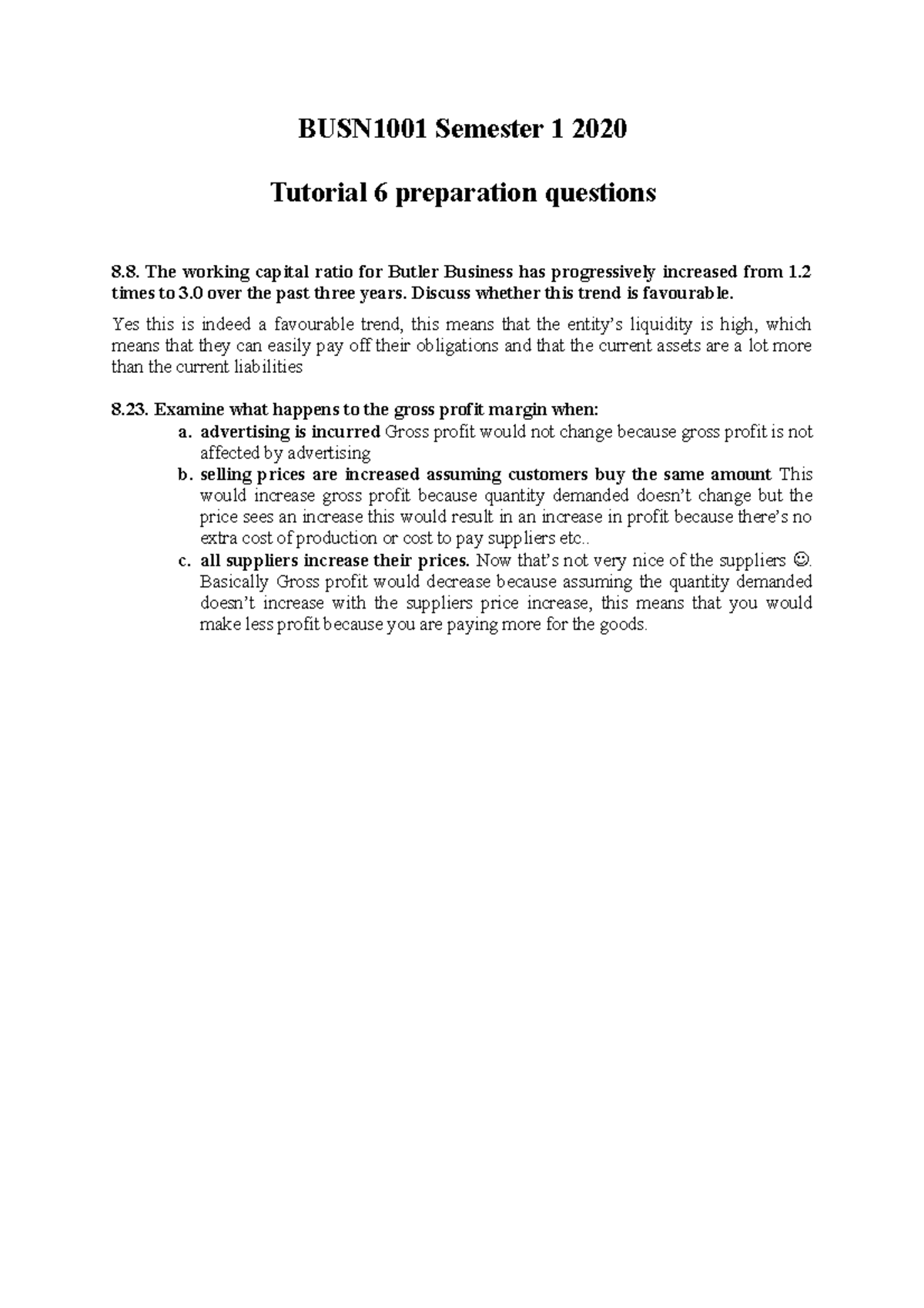 BUSN1001 Tutorial 6 Prep u7122447 - BUSN1001 Semester 1 2020 Tutorial 6 ...