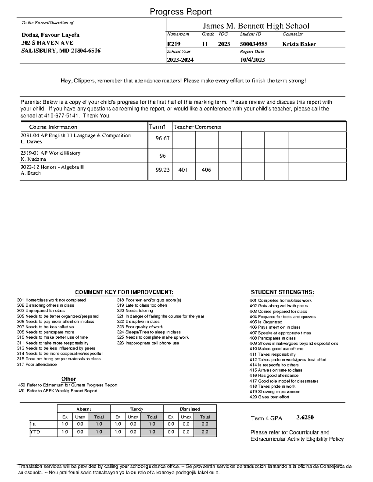 Mid Term Report - High School - Progress Report James M. Bennett High ...