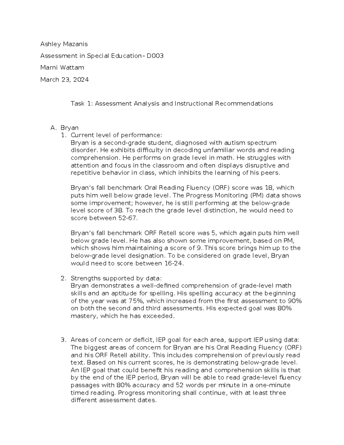 D003 Task 1 Assessment in Special Education - Ashley Mazanis Assessment ...