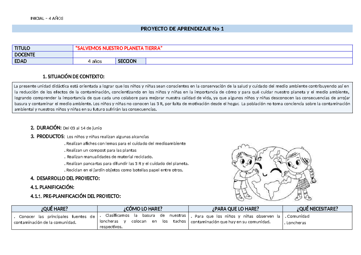 4 AÑOS - Proyecto Medio Ambiente OK - PROYECTO DE APRENDIZAJE No 1 ...