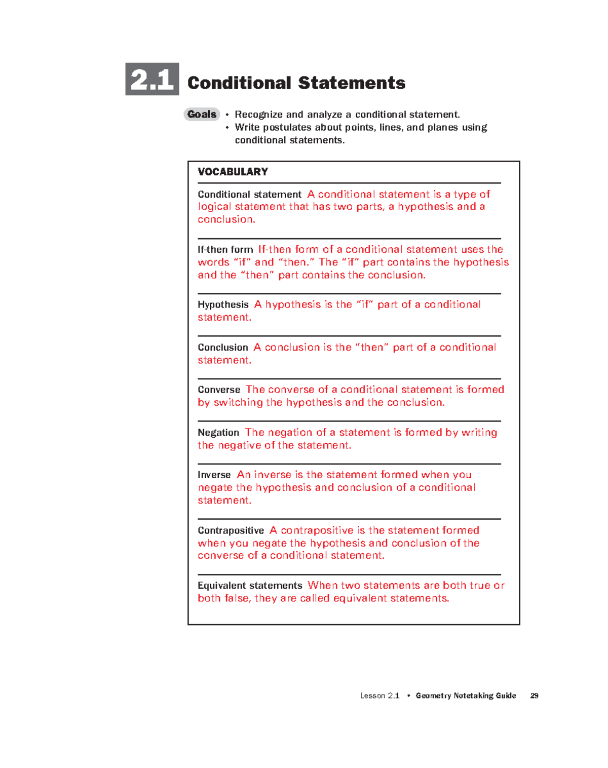 Conditional statements - p Write postulates about points, lines, and ...