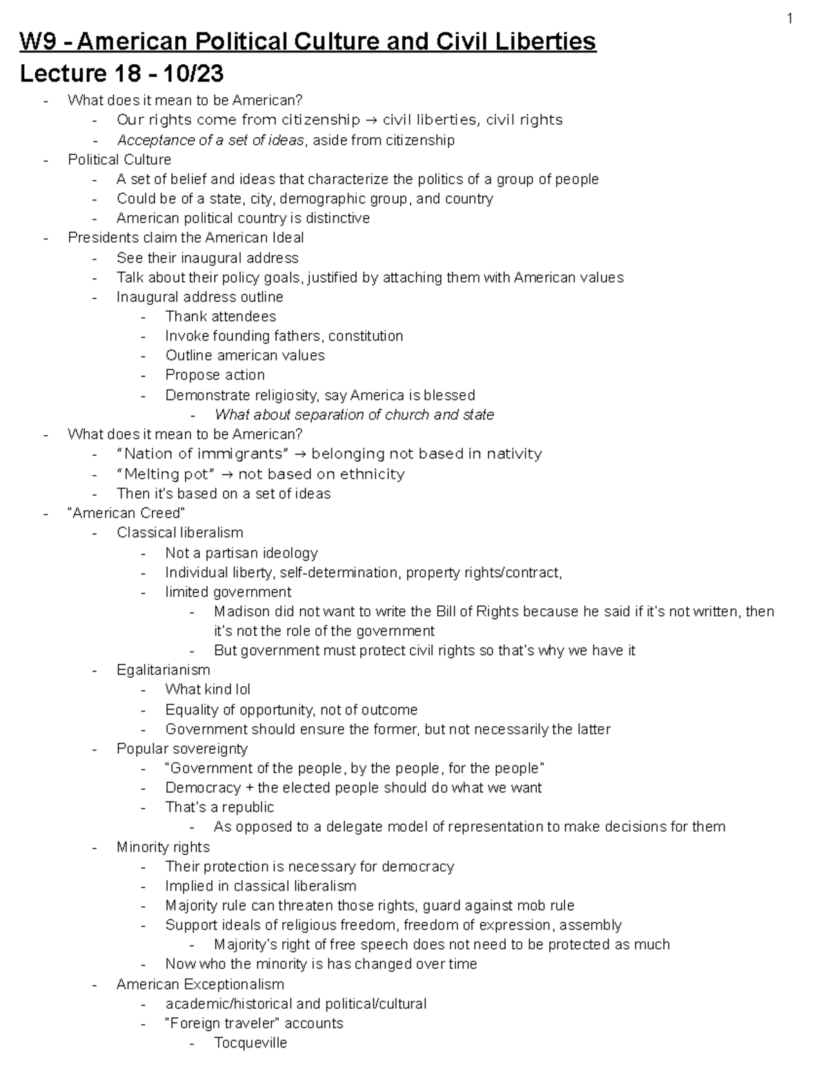 Lecture Notes PS1 Lec 18-32 - W9 - American Political Culture and Civil ...