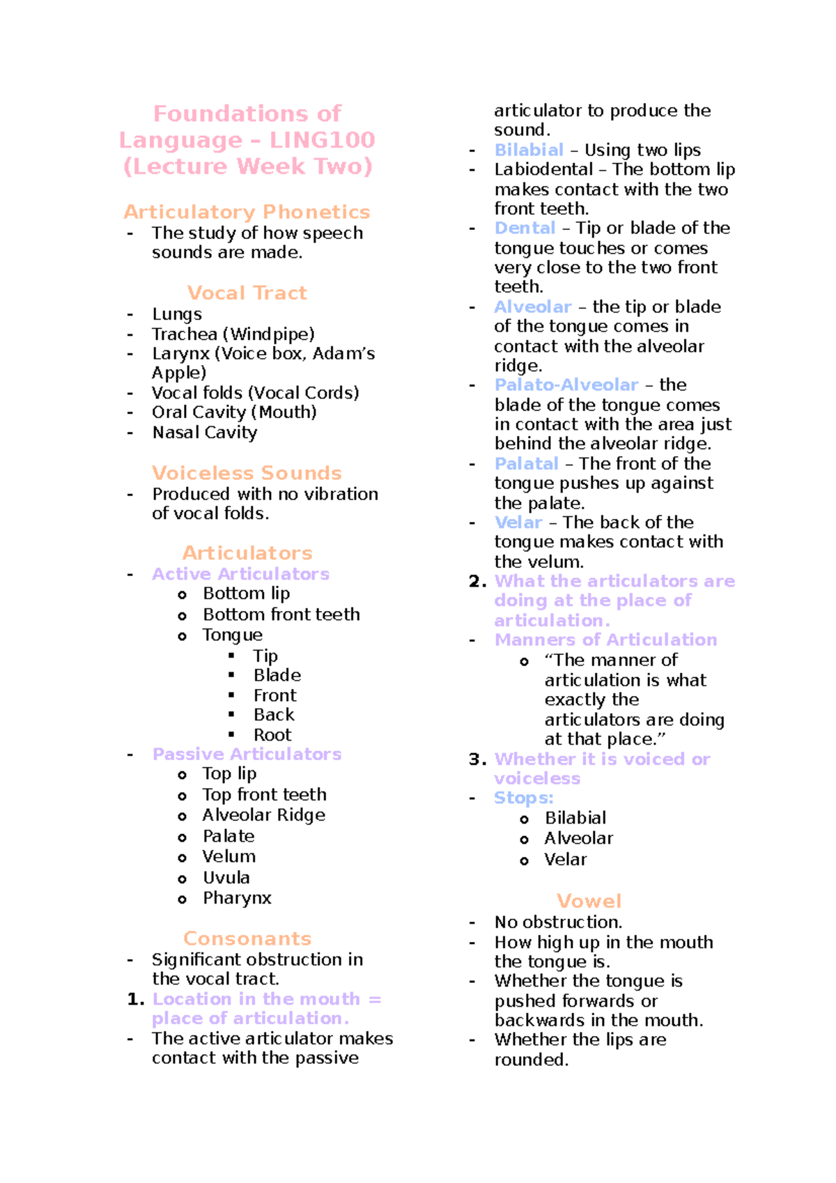 Week Two Lecture and Tutorial - Foundations of Language – LING (Lecture Week Two) Articulatory ...