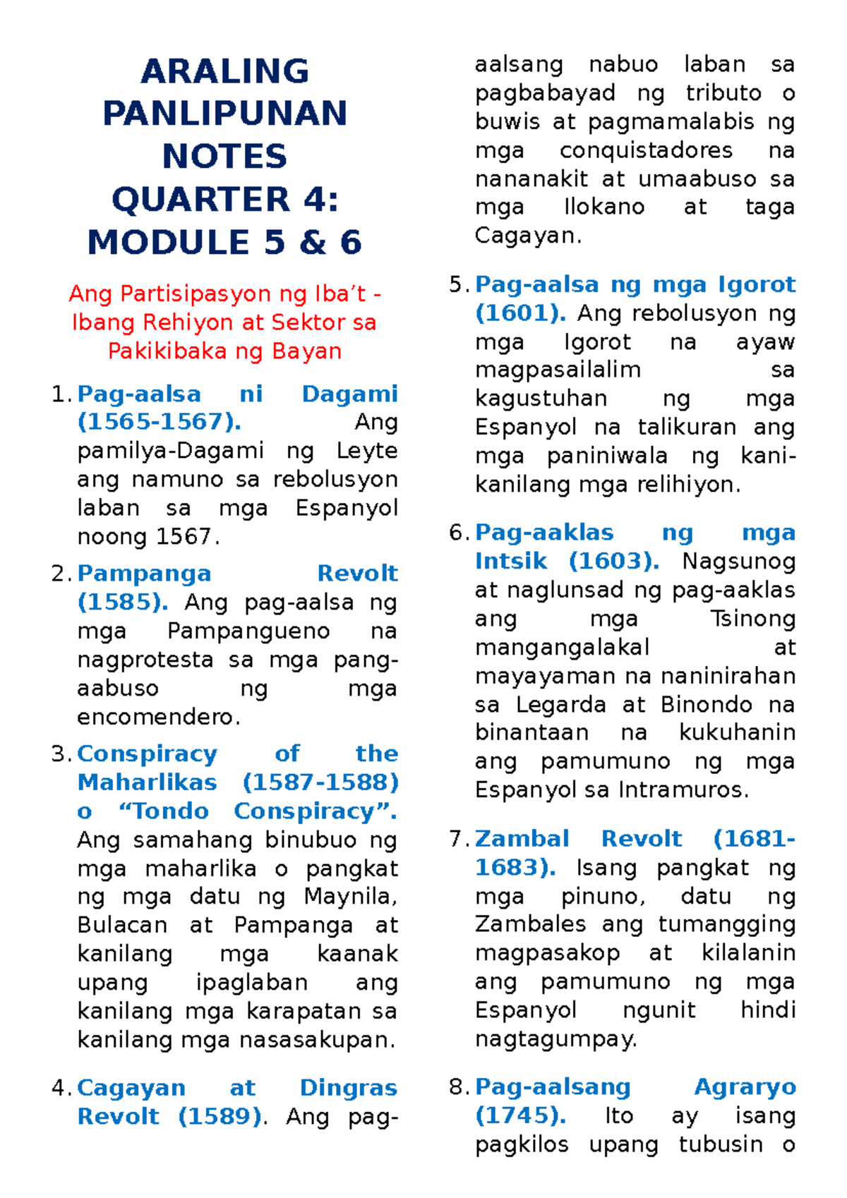 Araling Panlipunan Notes - ARALING PANLIPUNAN NOTES QUARTER 4: MODULE 5 ...