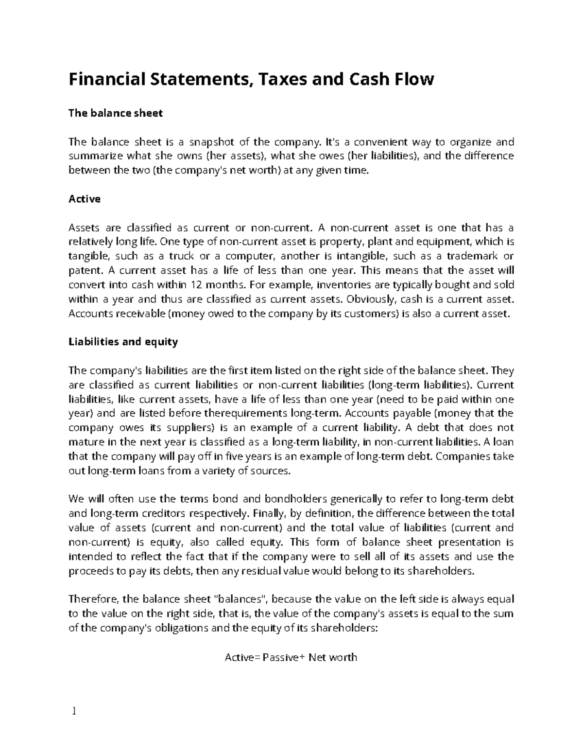 Accounting statements. - Financial Statements, Taxes and Cash Flow The ...