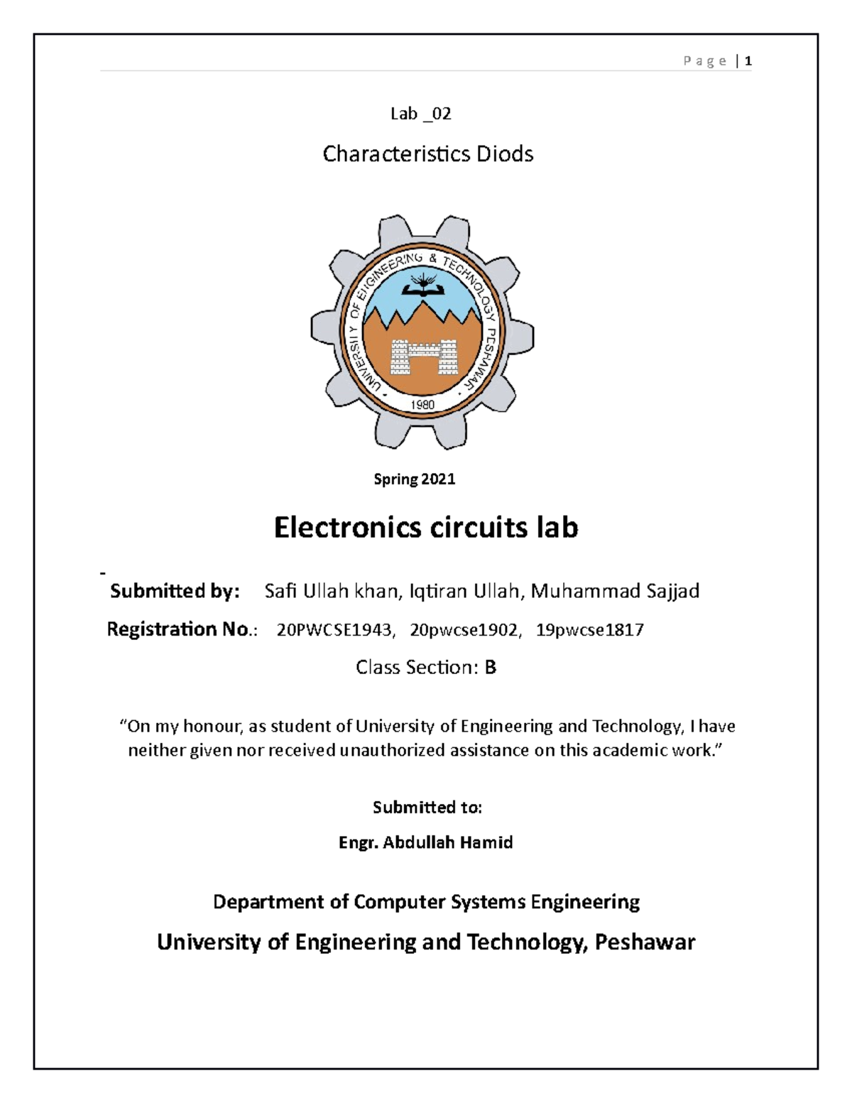 Elect 02 - Lab _ Characteristics Diods Spring 2021 Electronics circuits ...