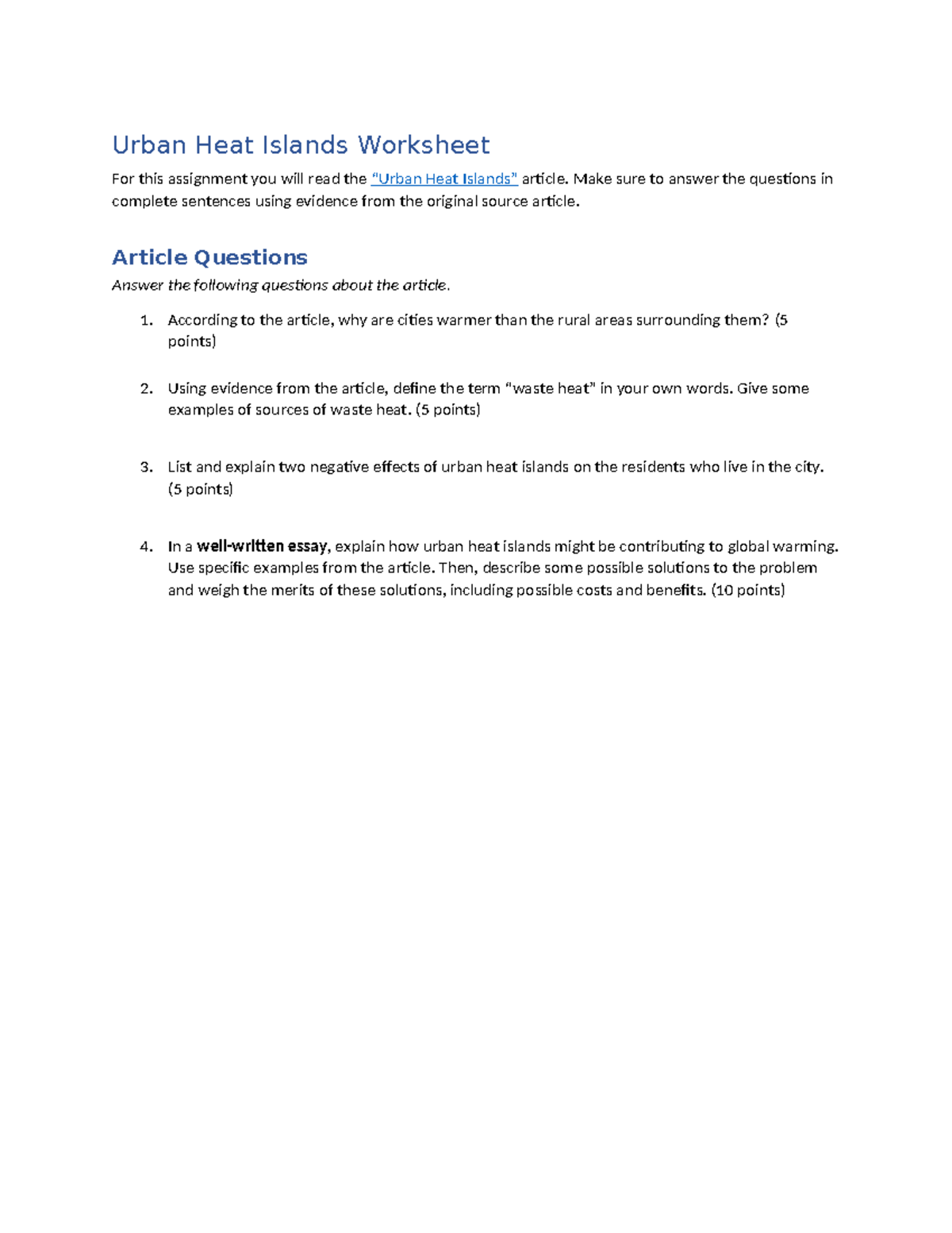 Urban heat worksheet - ..... - Urban Heat Islands Worksheet For this ...