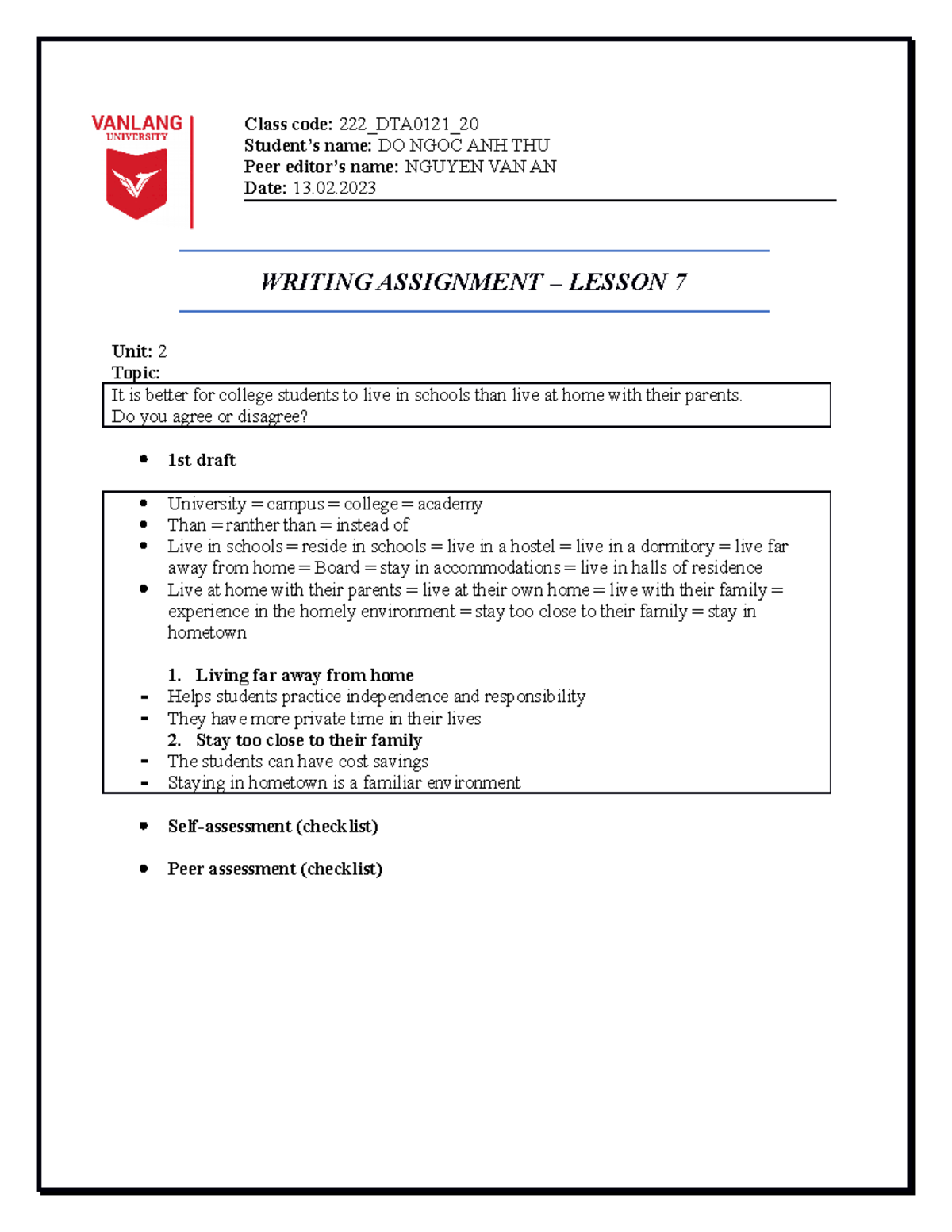 Writing 2 - zdfbgnhn - Class code: 222_DTA0121_ Student’s name: DO NGOC ANH THU Peer editor’s ...