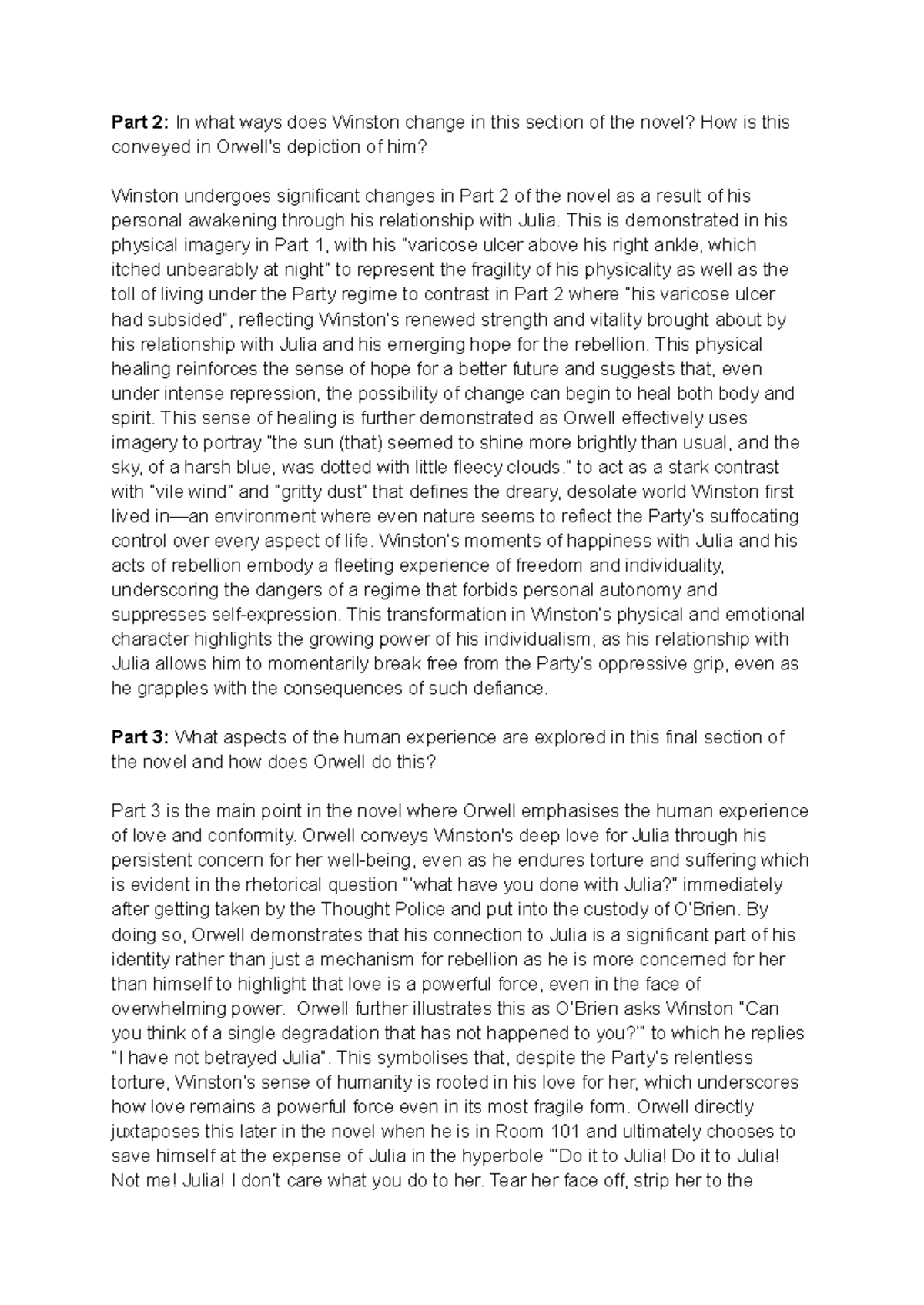 1984 Questions (mark 8/10) - Part 2: In what ways does Winston change ...