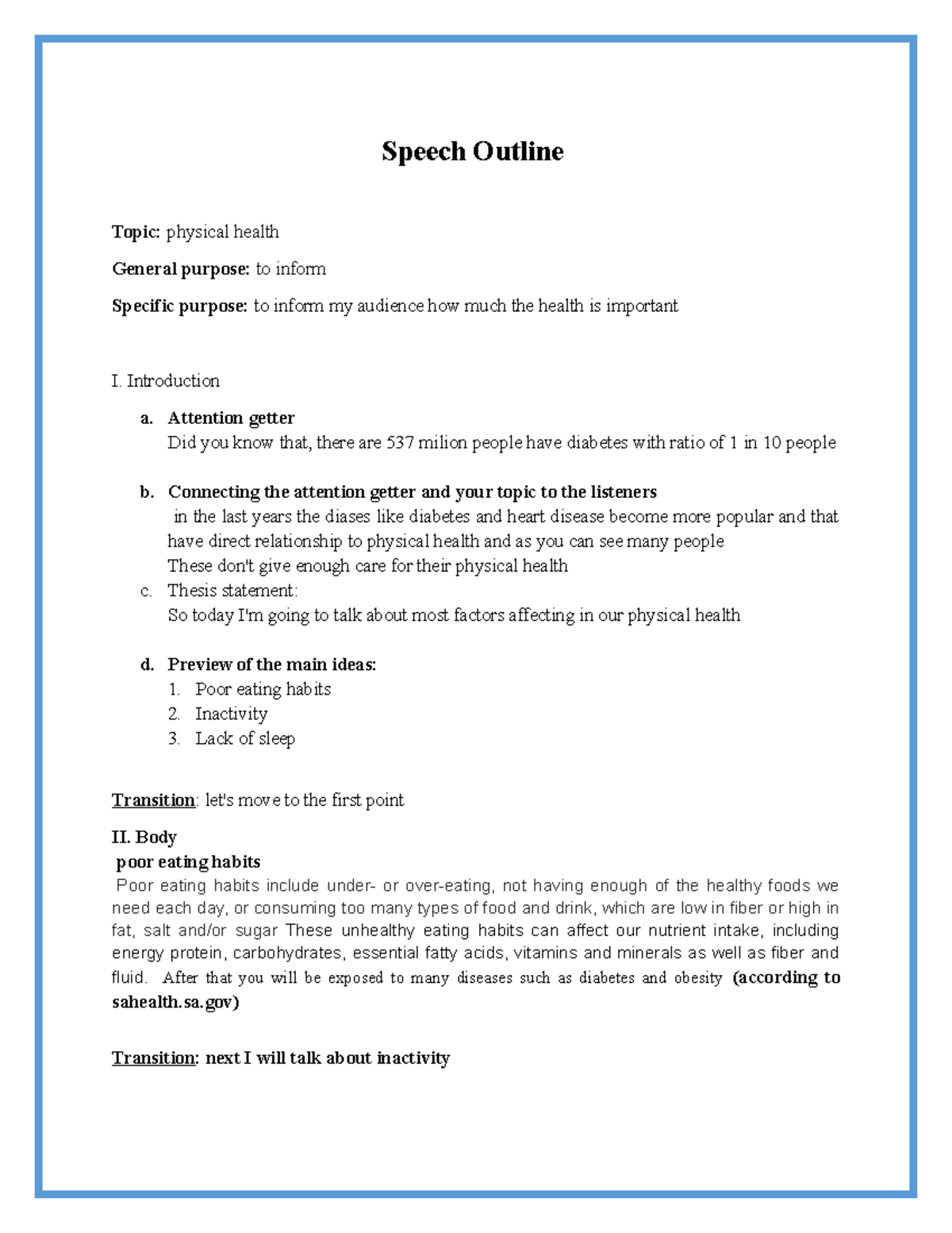 1 Speech Outline - Speech Outline Topic: physical health General ...