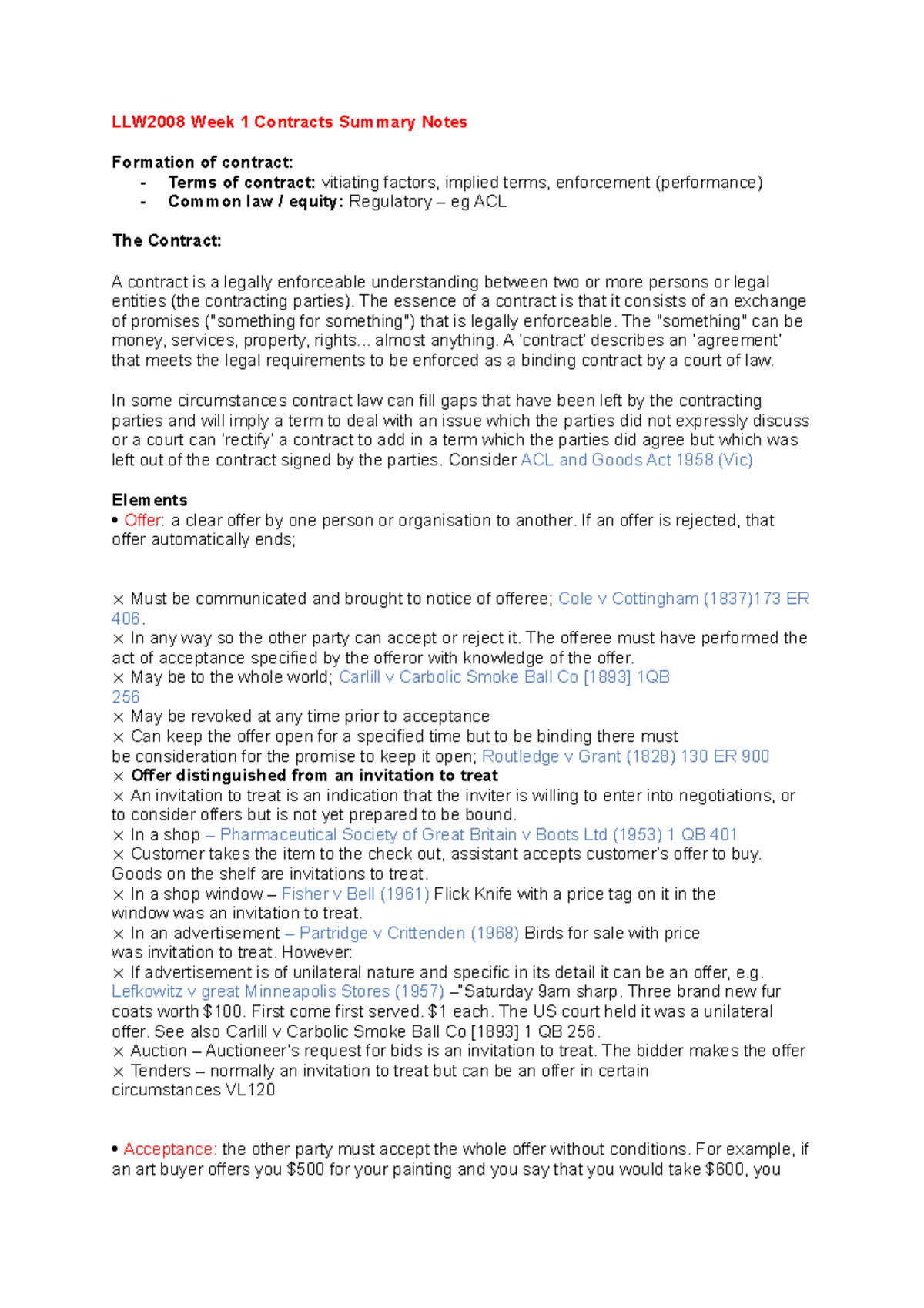 Commercial law - LLW2008 Week 1 Contracts Summary Notes Formation of ...
