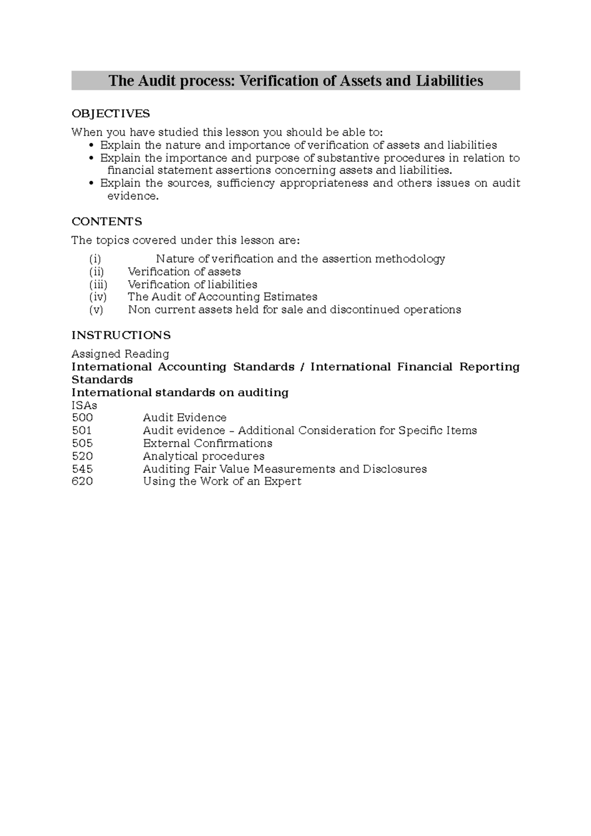 Lesson Eight- Verification OF Assets AND Liabilities - The Audit ...
