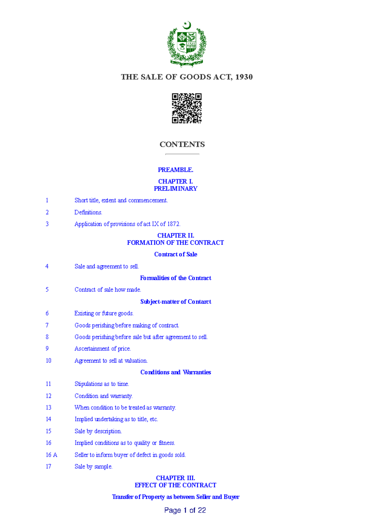 Constitution of pakistan - THE SALE OF GOODS ACT, 1930 CONTENTS ...
