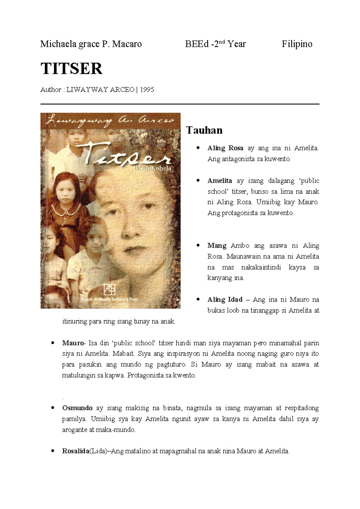 Fil nobela - About titser - Michaela grace P. Macaro BEEd - nd Year Filipino TITSER Author ...