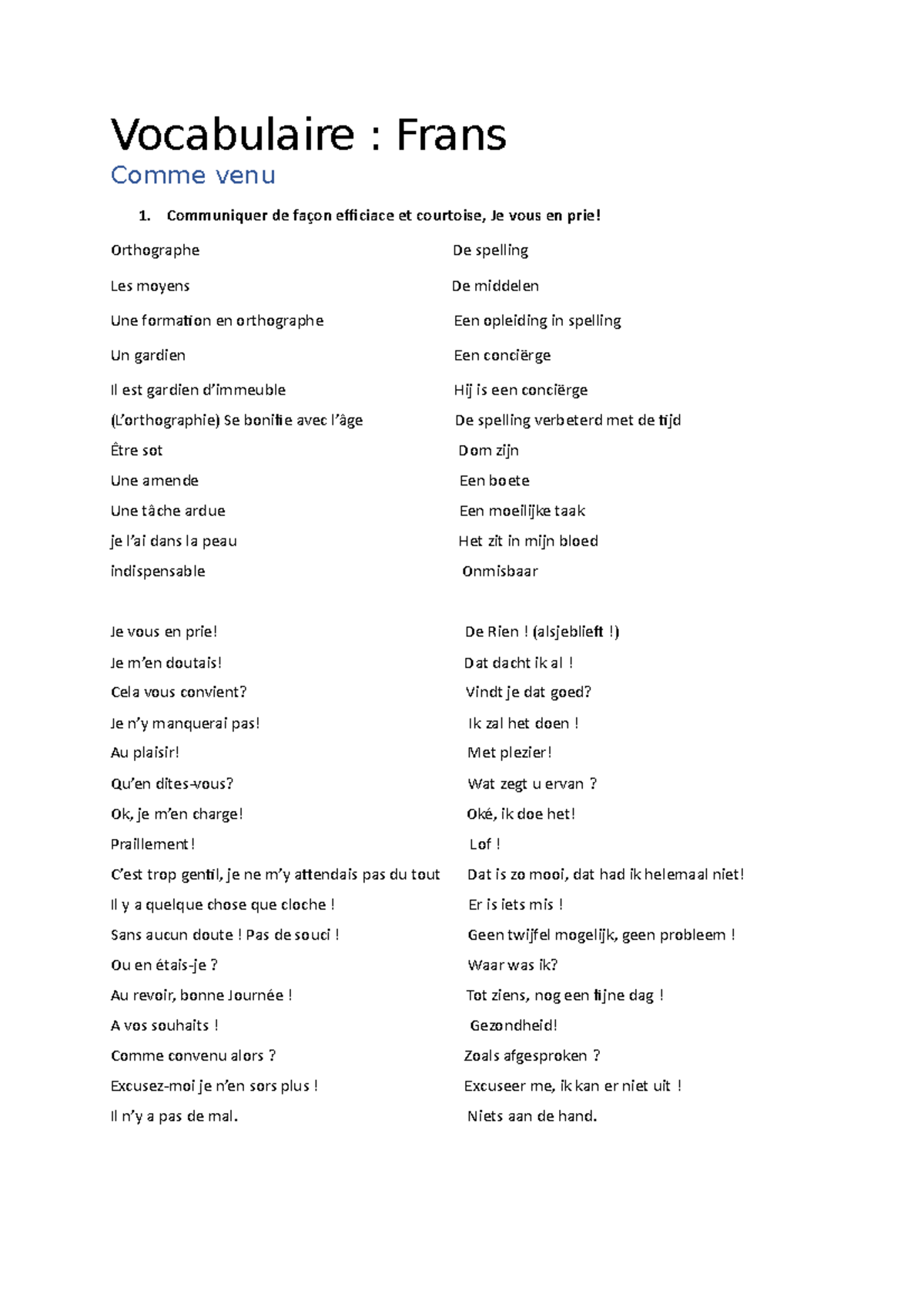 Voc frans - samenvatting van woorden - Vocabulaire : Frans Comme venu ...