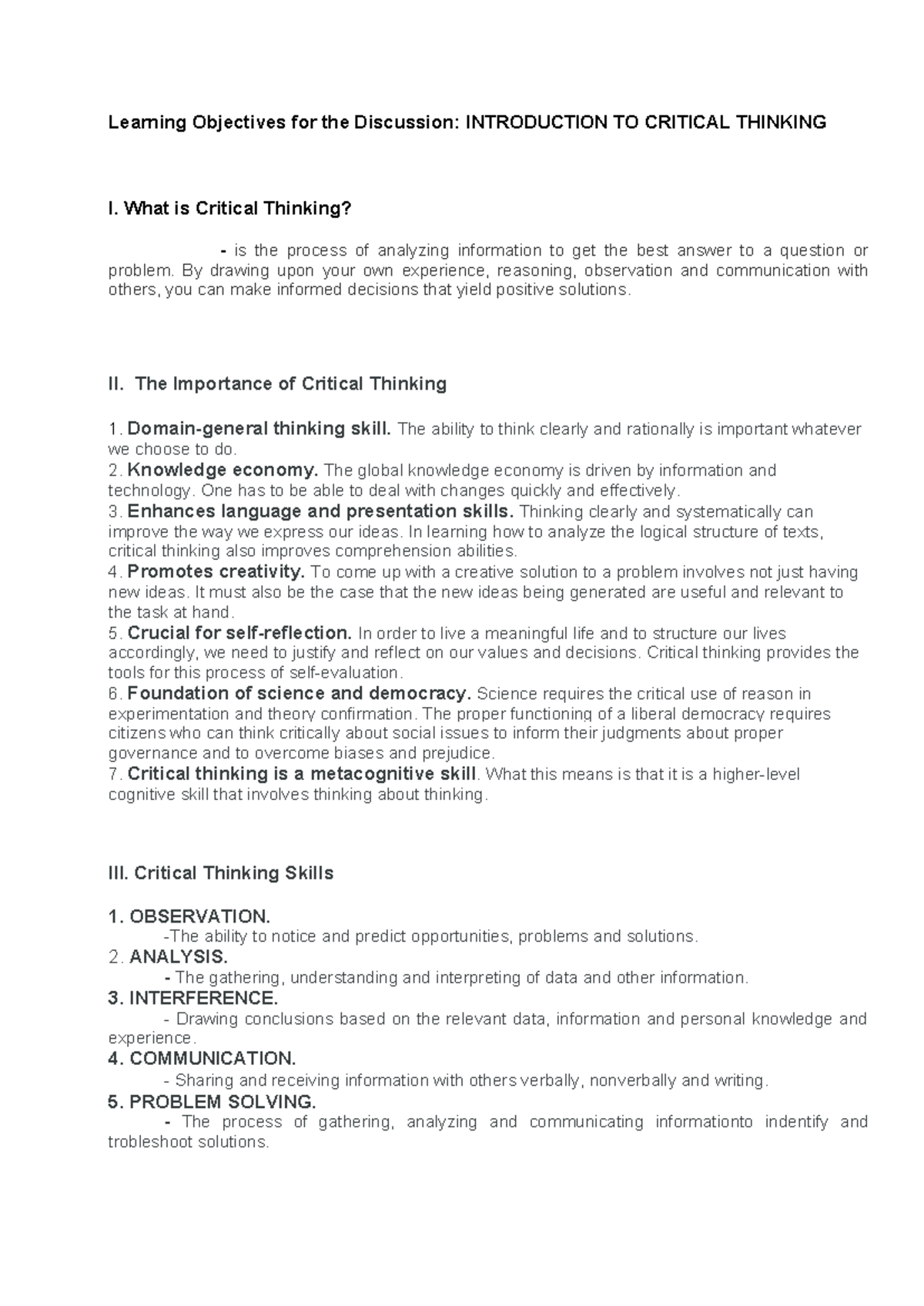 Report Outline Critical Thinking - Learning Objectives for the ...