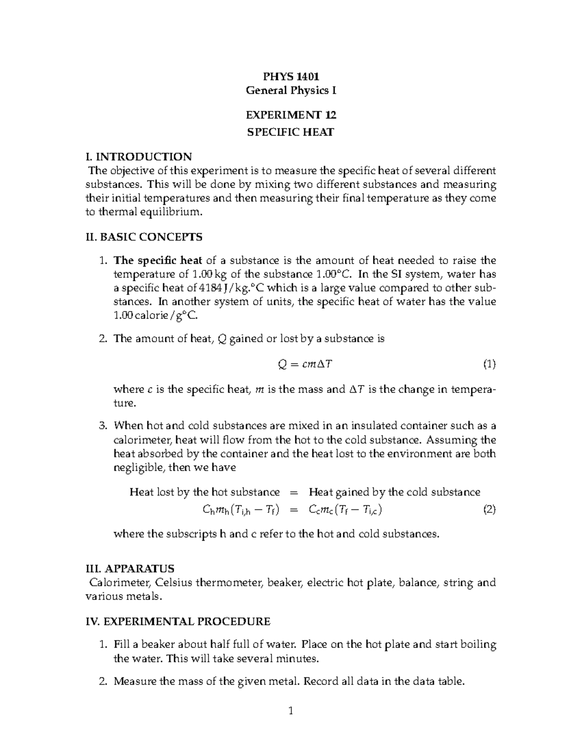 Specific Heat Physics - General Physics IPHYS 1401 EXPERIMENT 12 ...