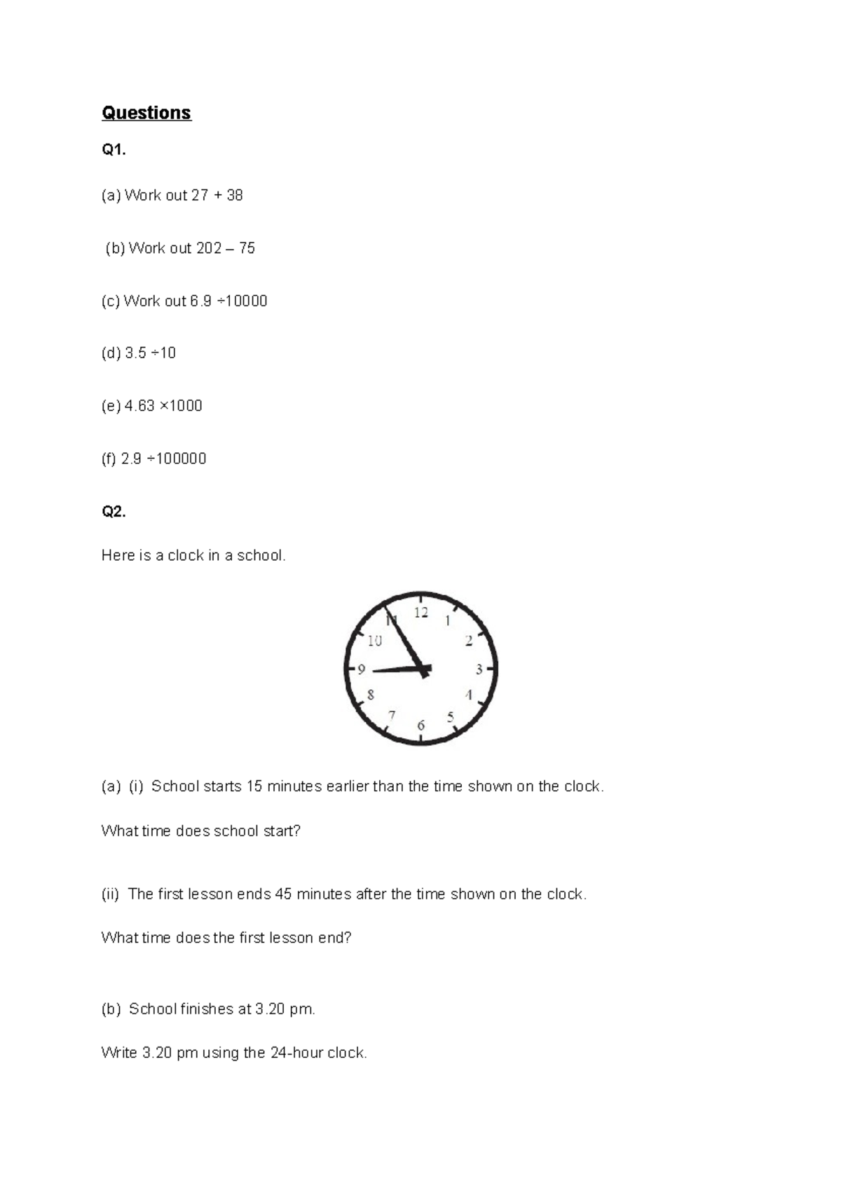 YR 10 Foundation pre revision HW - Questions Q1. (a) Work out 27 + 38 ...