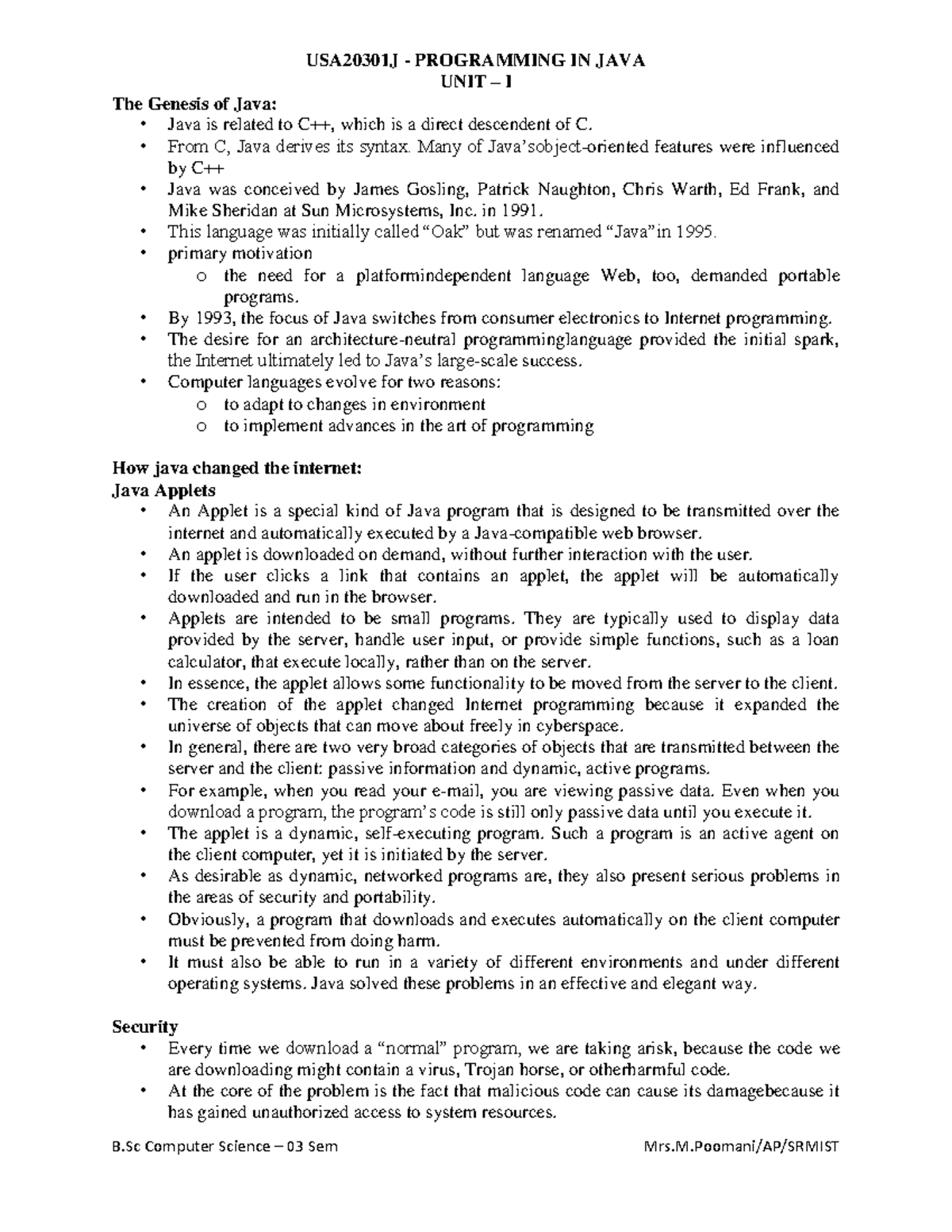 Unit1to5- Javanotes-1 - USA20301J - PROGRAMMING IN JAVA UNIT – I The ...