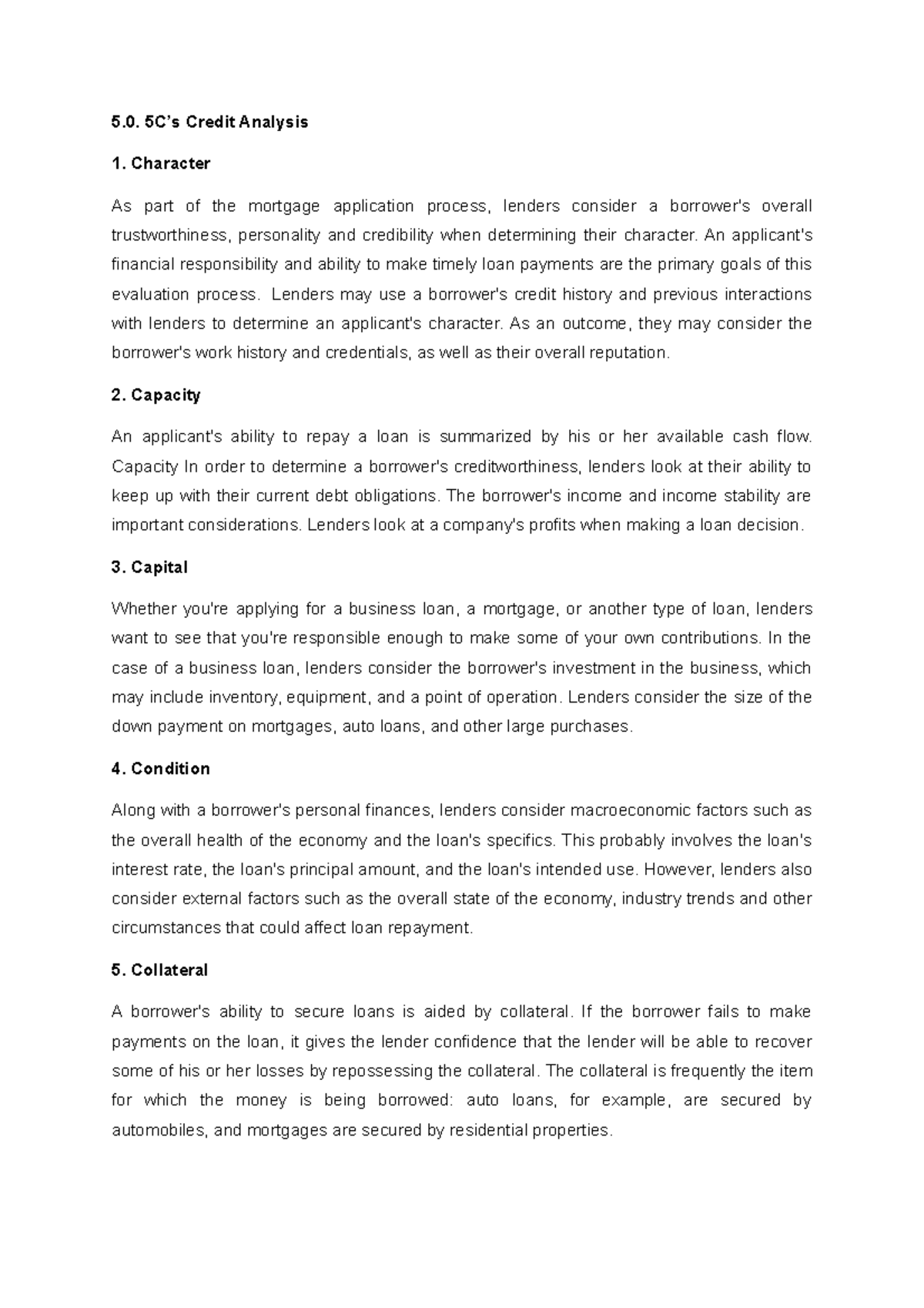 Fin368 5c - 5c credit analysis notes for reference - 5. 5C’s Credit ...